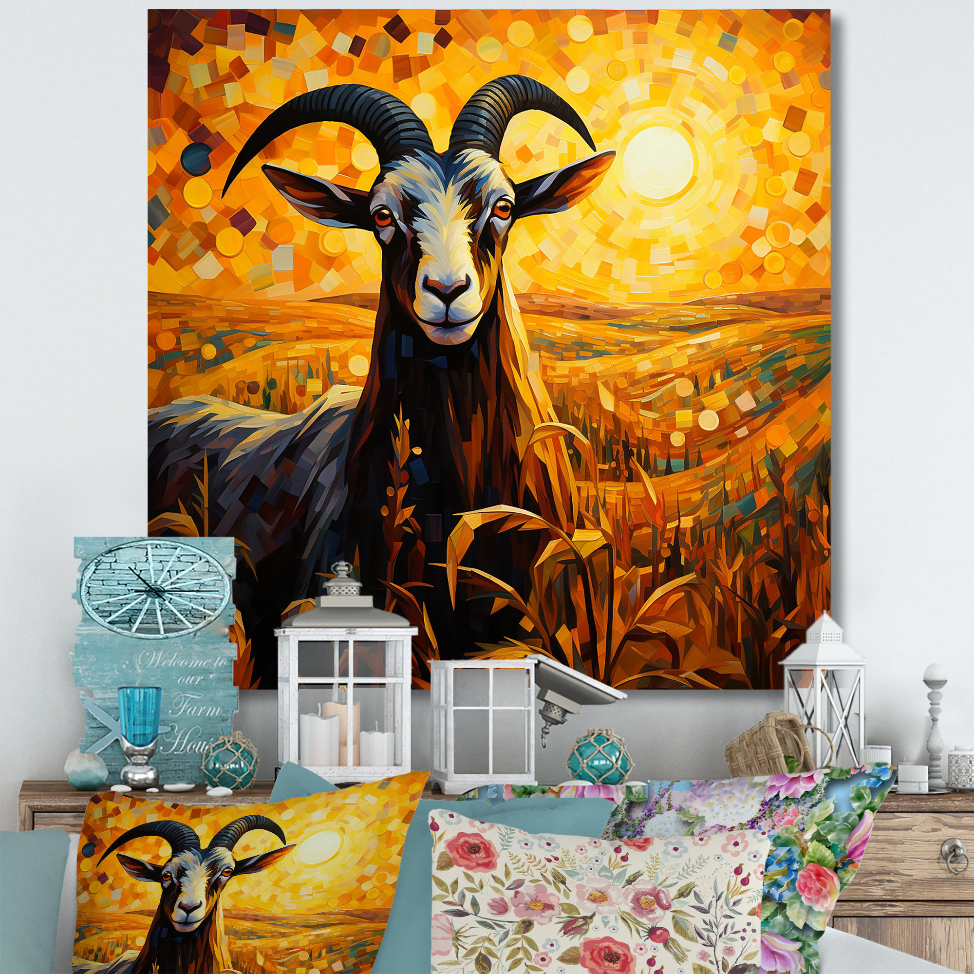 August Grove® Yellow Sunset Meadow Goat - Goat Animal Wall Art | Wayfair