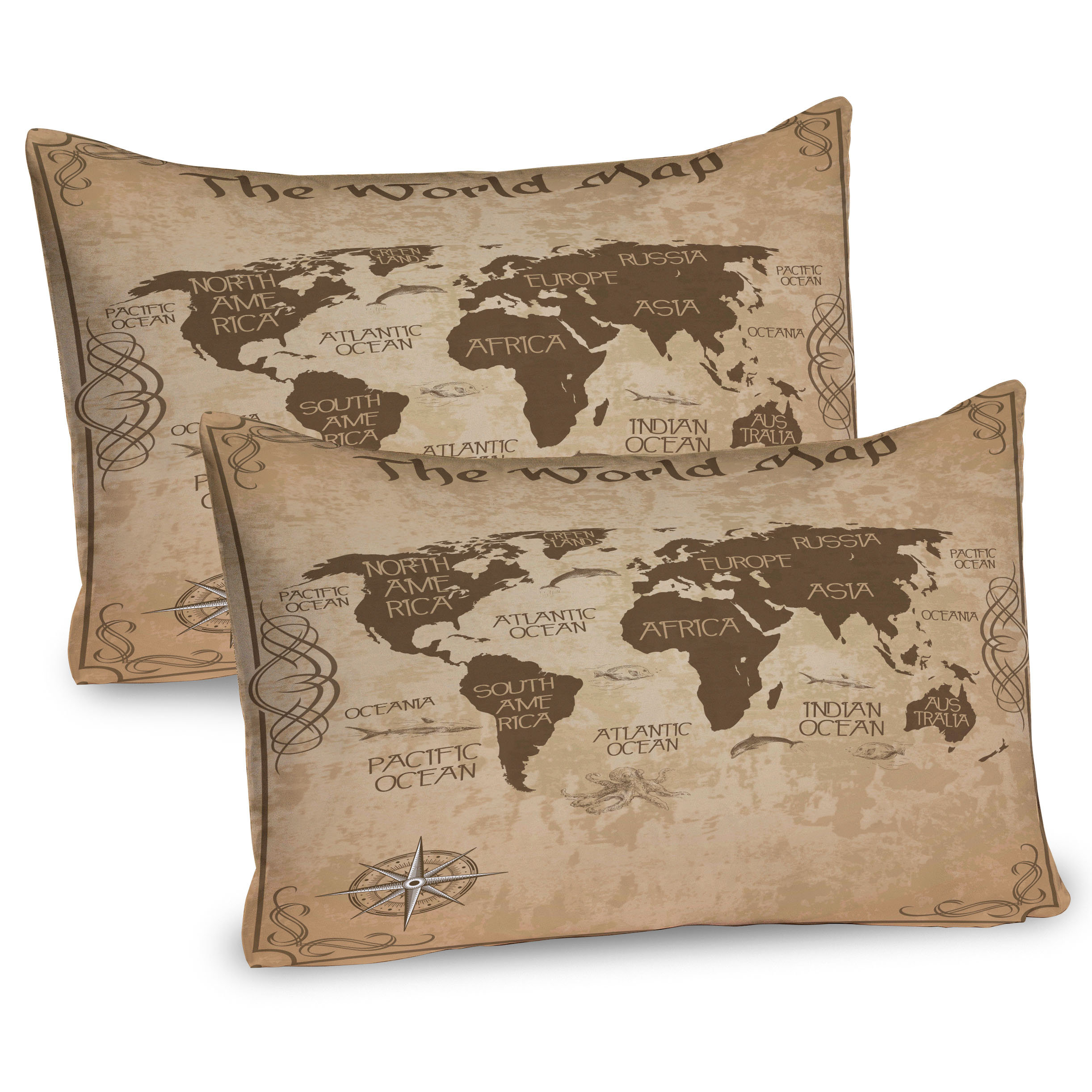 Ambesonne World Map Pillow Sham 2 Pack Vintage Topographic Image Pastel ...