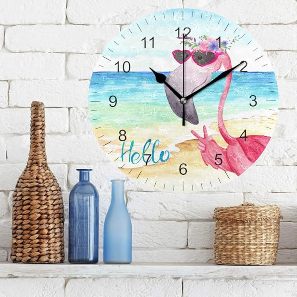 Dakota Fields Wamika Wall Clock Pink Flamingo Beach Sea Summer Flowers ...
