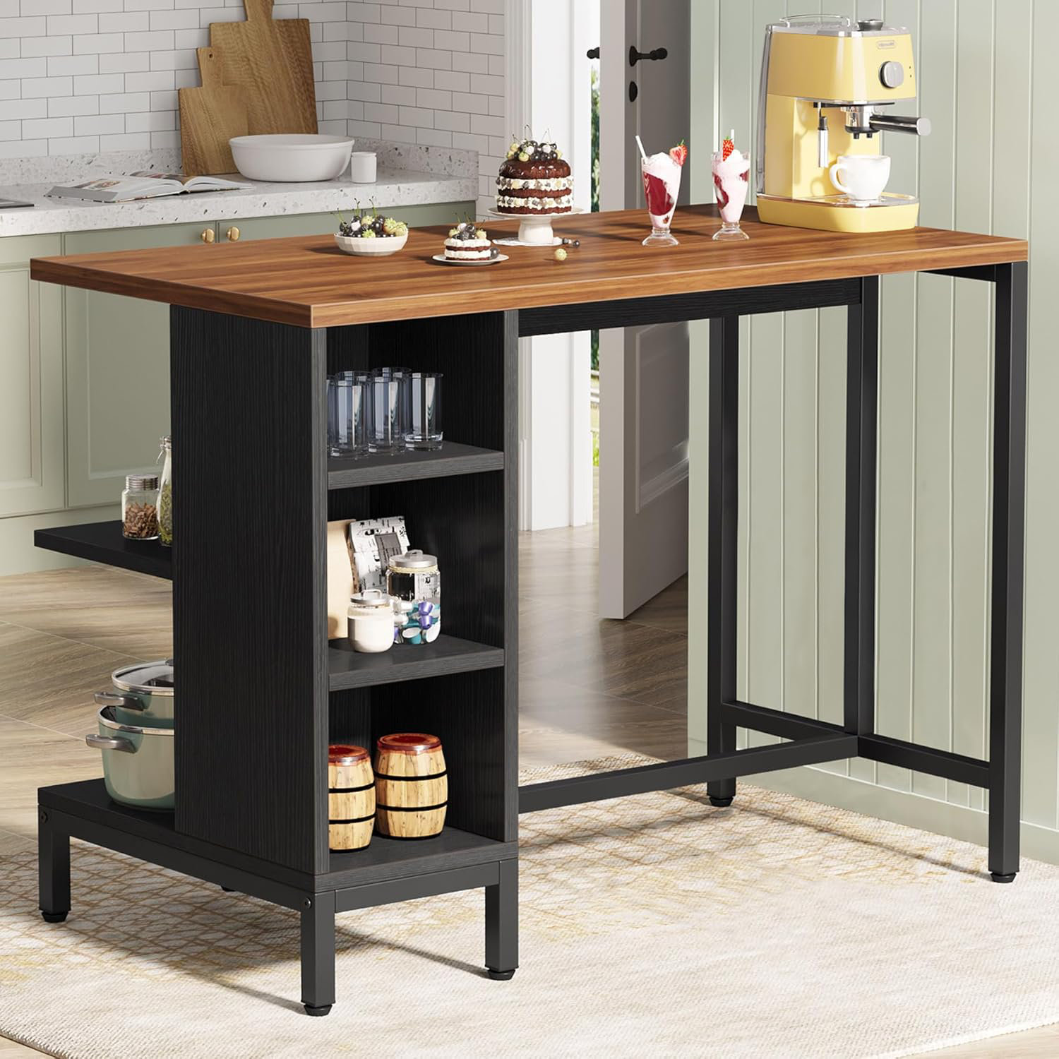 17 Stories Kitchen Island, Kitchen Shelf Kitchen Bar Table with 5 Open ...