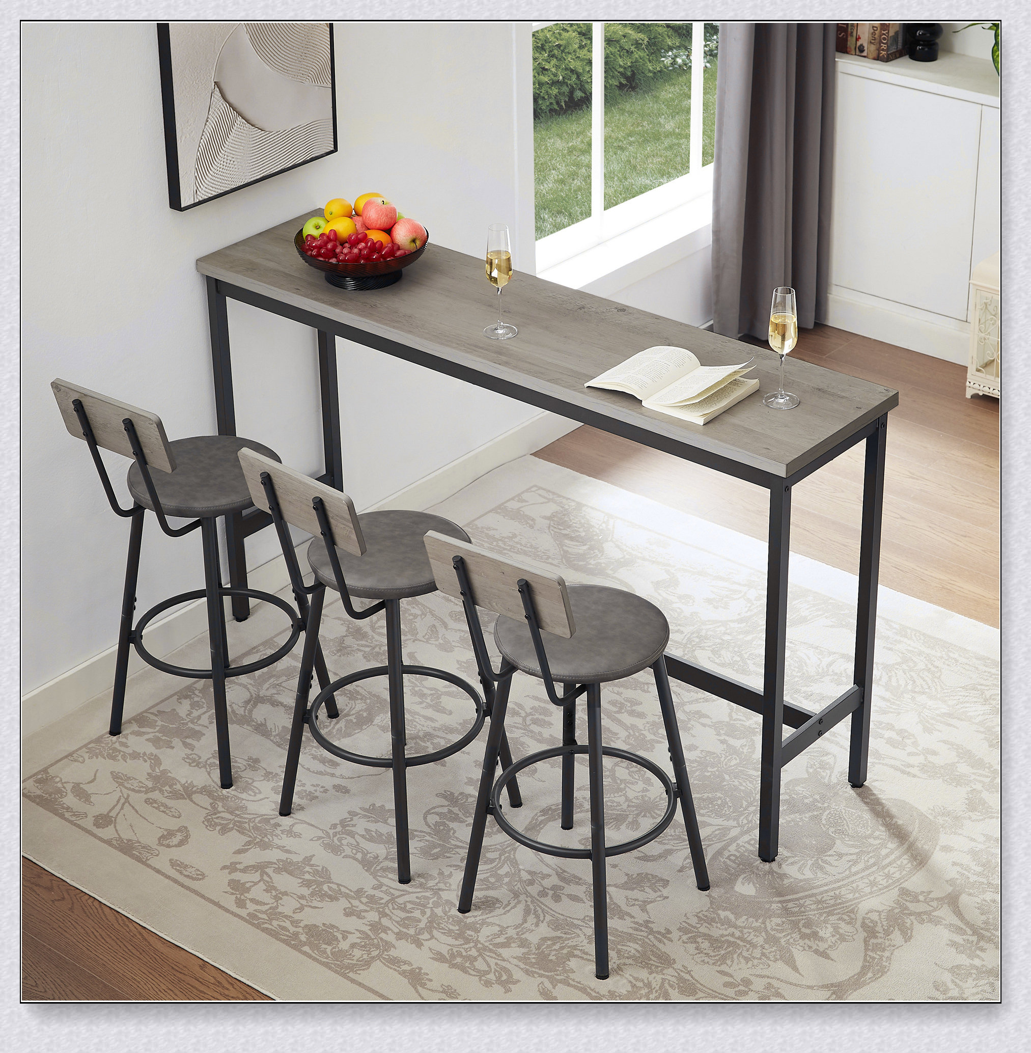17 Stories Long Bar Table Set With 3 PU Upholstered Bar Stools ...