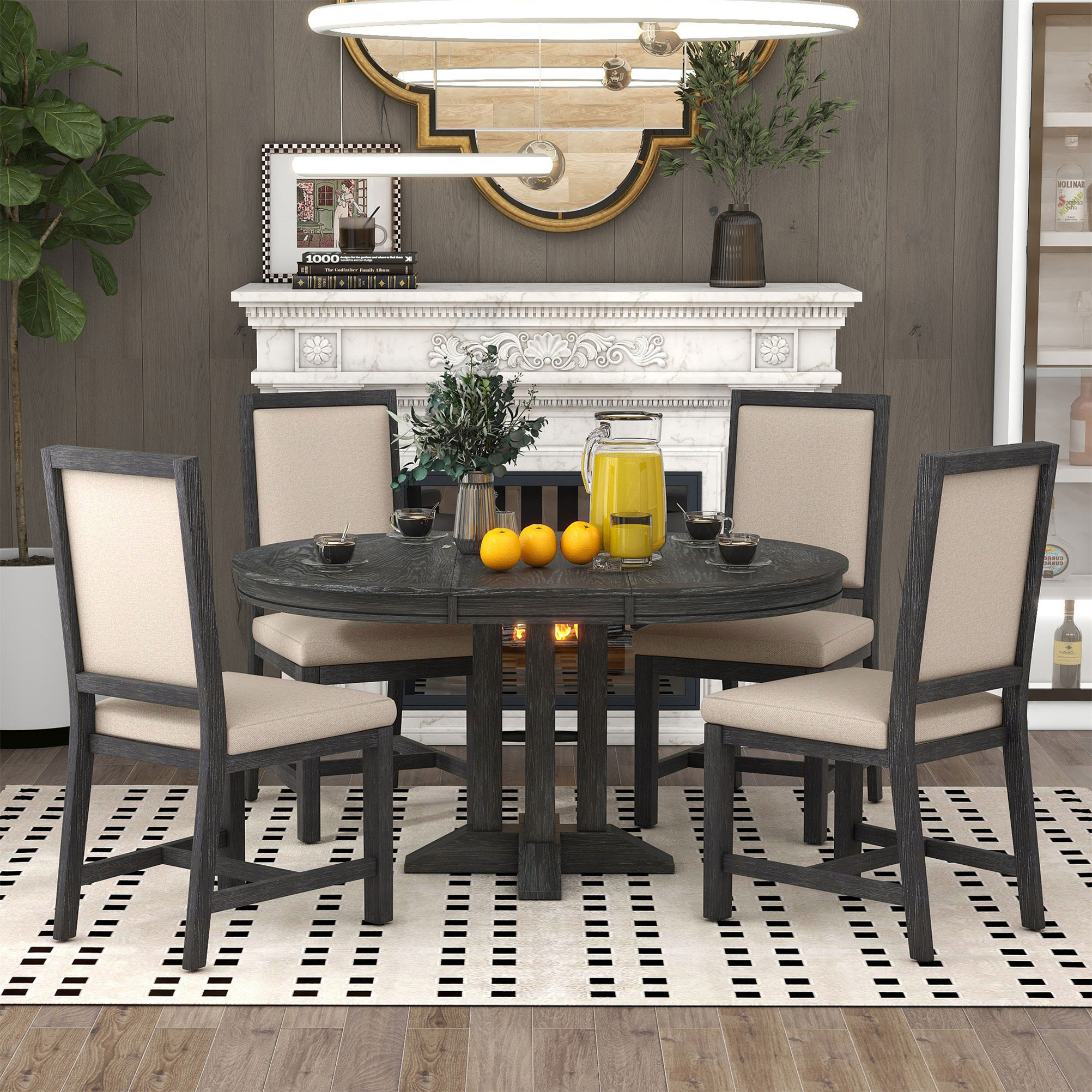Lark Manor 5-Piece Dining Set Extendable Round Table And 4 Upholstered ...