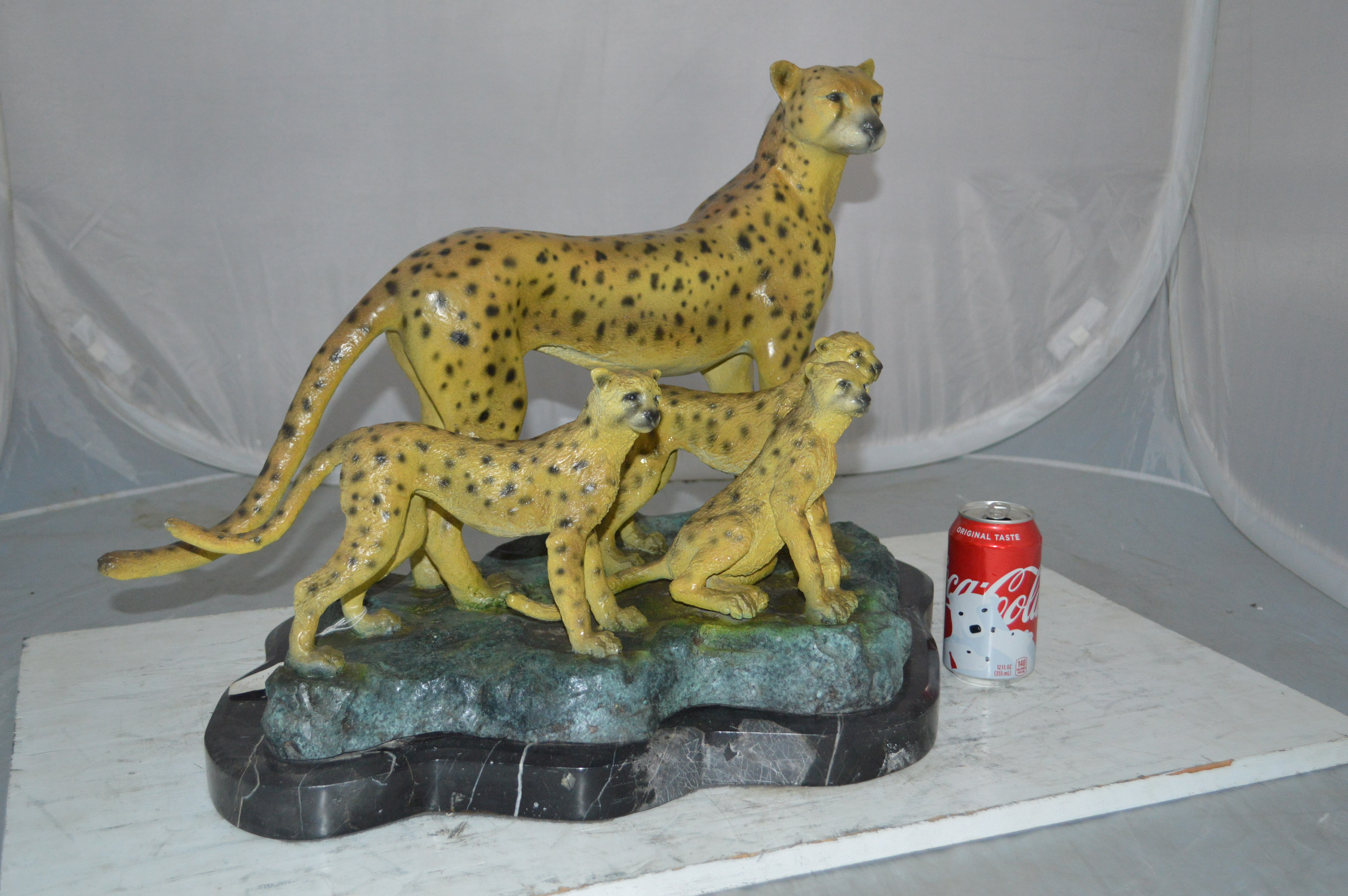 Bungalow Rose Cheetah Family Bronze Statue on Marble - Size: 24"L x 14 ...
