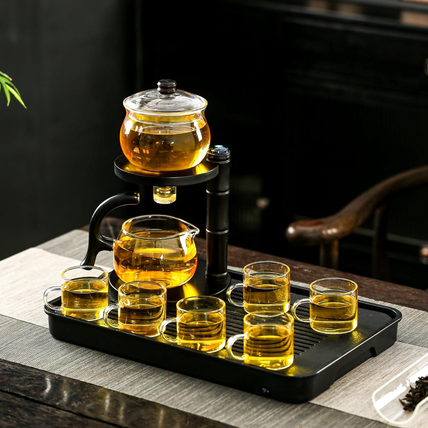 DESGENT Black Bamboo Glass Teapot Set with Infuser Semi Automatic Tea ...