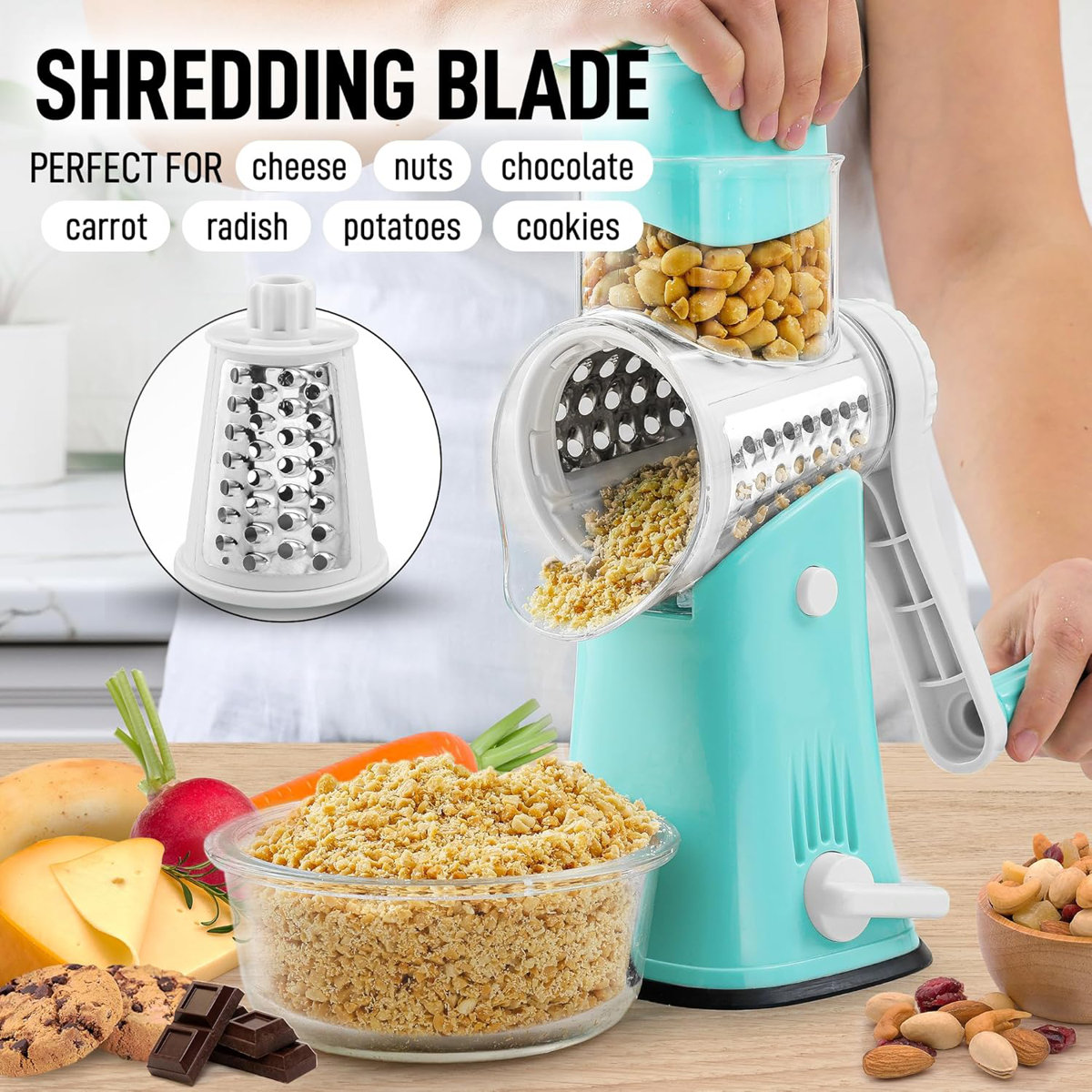 Zulay Kitchen Rotary Cheese Grater with 5 Stainless Steel Blades and ...