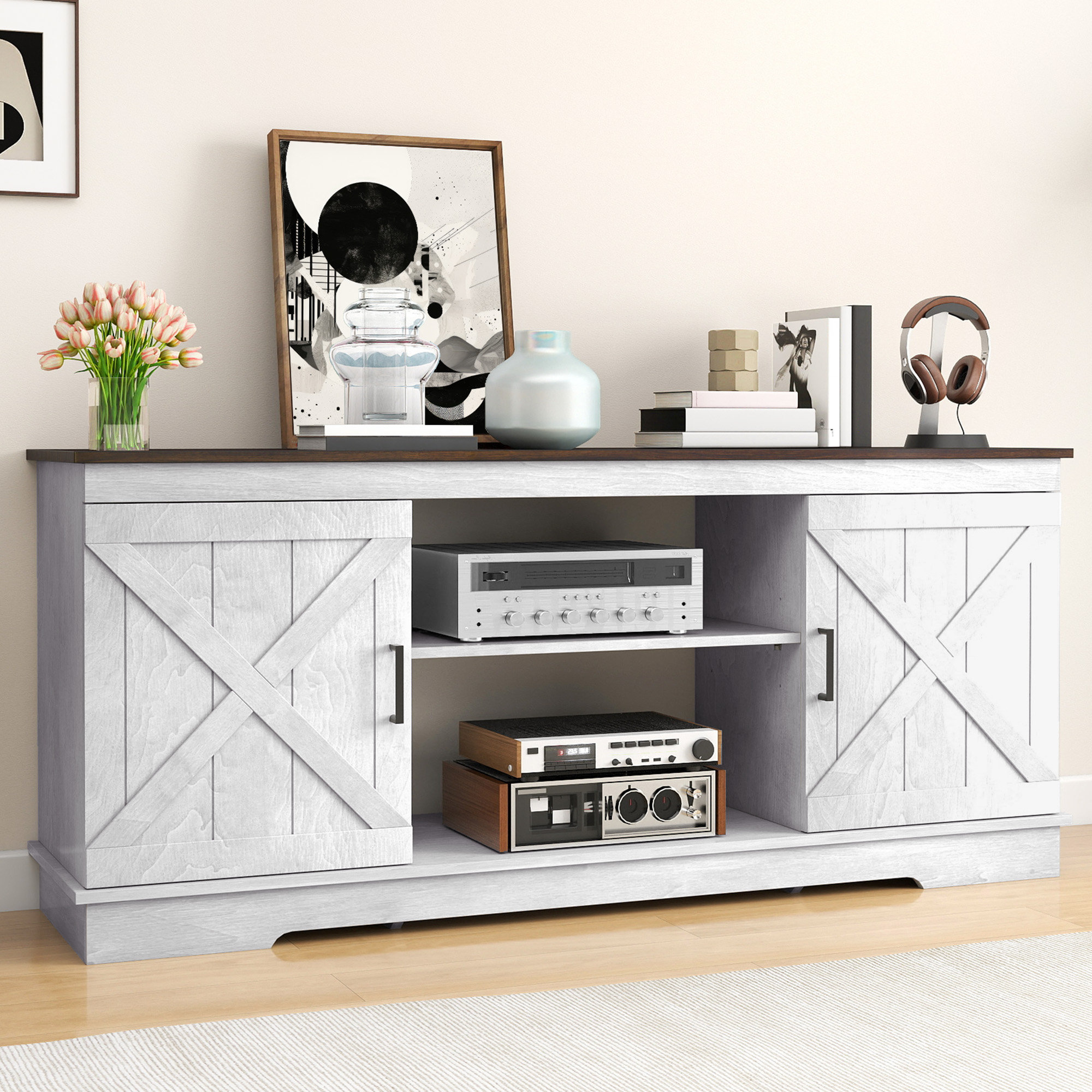 Gracie Oaks Farmhouse Entertainment Center Rustic Cabinet Media Console ...