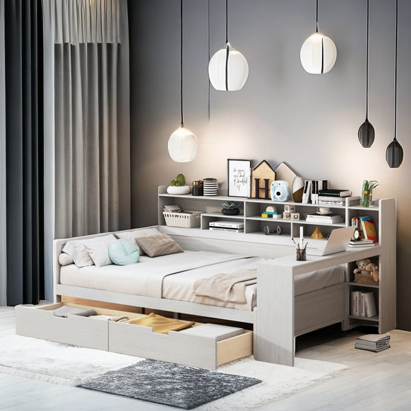 Latitude Run® Wooden Daybed With Storage Shelves, Two Storage Drawers ...