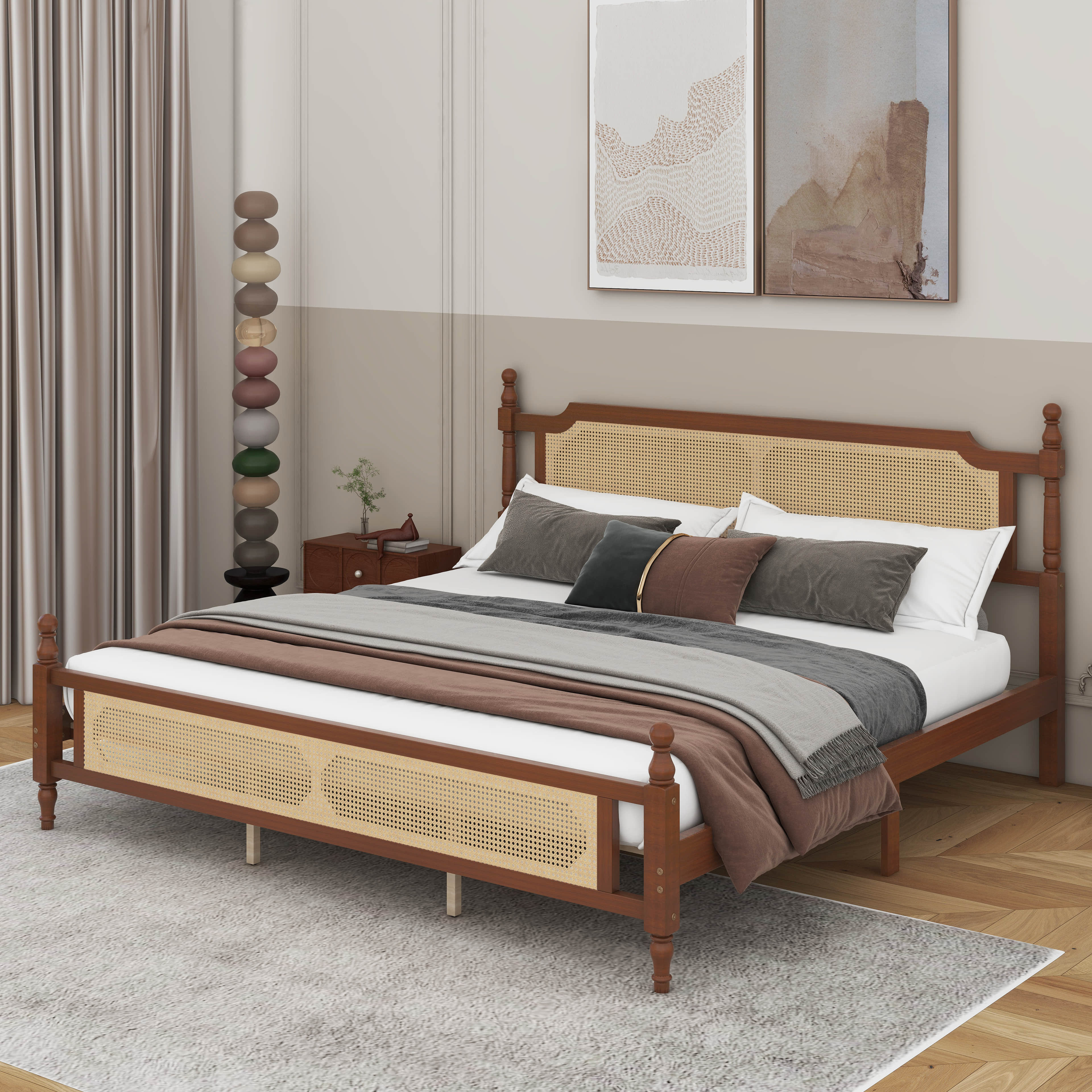 Dakota Fields King Pine Wooden Bed With Rattan Headboard And Footboard | Wayfair