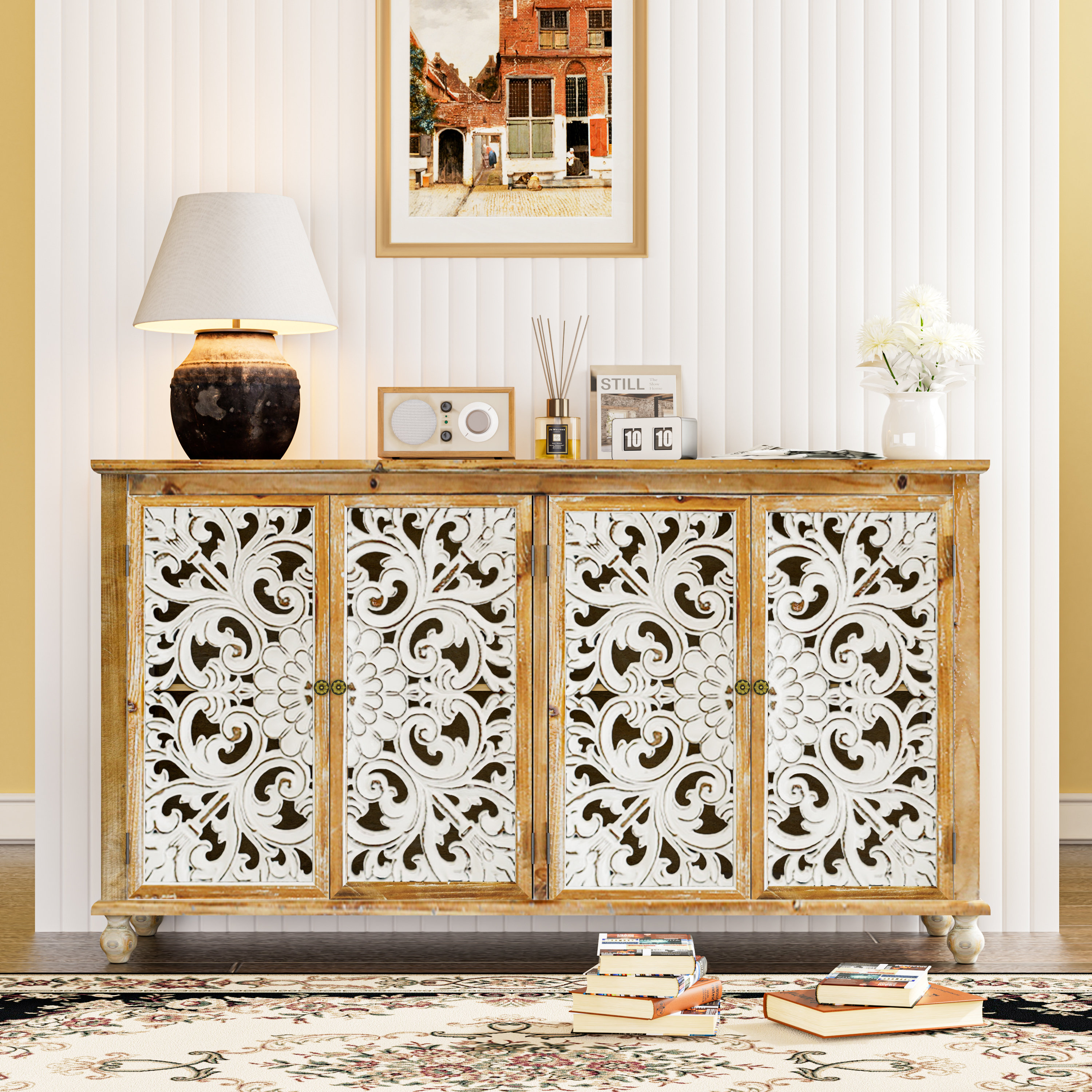 Ophelia & Co. Geneus With 4 Doors, Vintage Hollow Carving Buffet ...