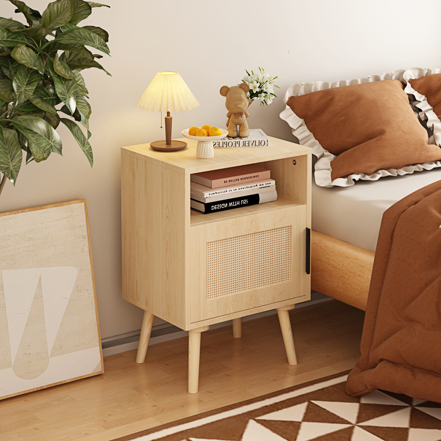 Highland Dunes Rattan Nightstand, Side Table With Door Open Shelf, Accent End Table, Bedside ...