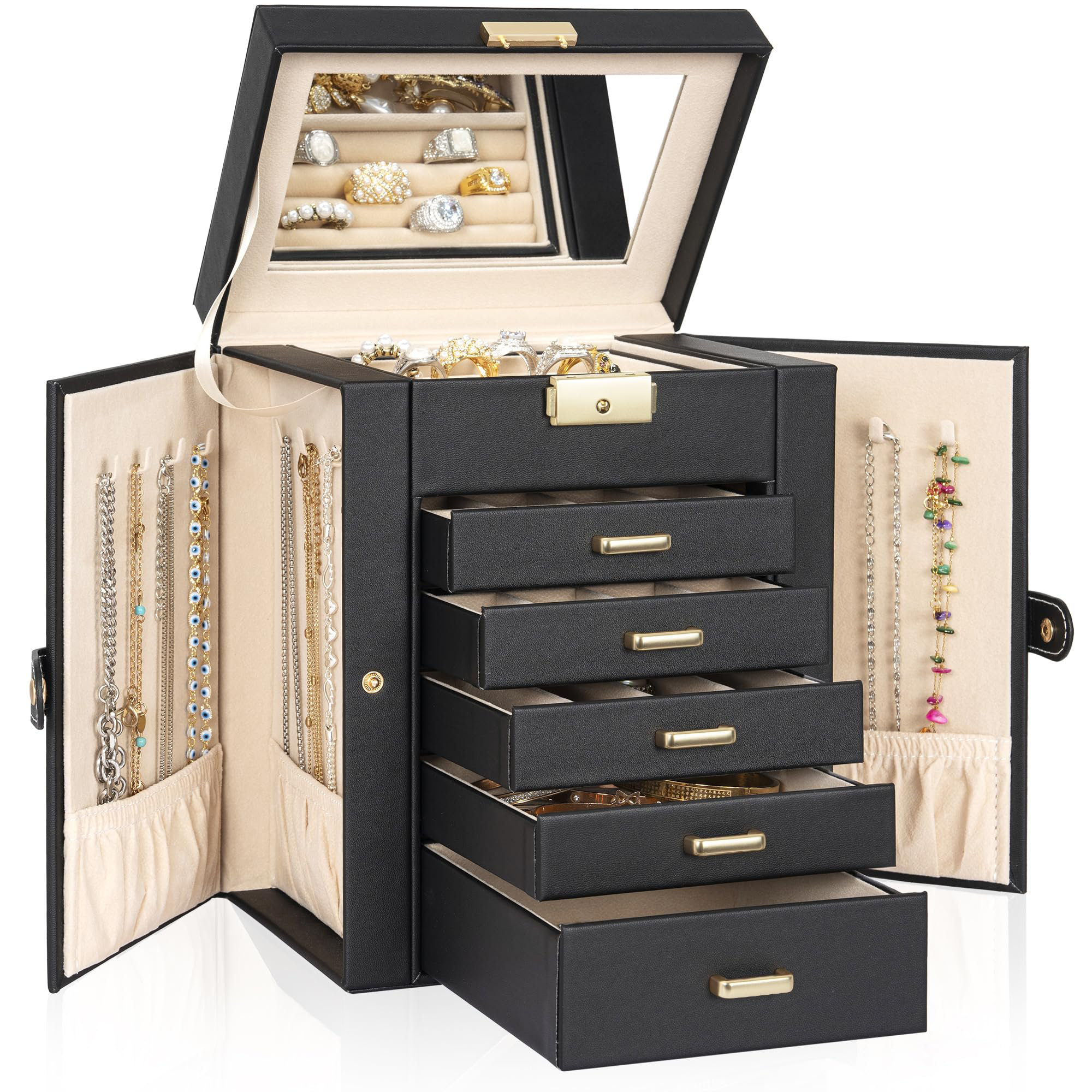 Everly Quinn 6-Tier Jewelry Box Lockable Leather Jewelry Storage Case ...