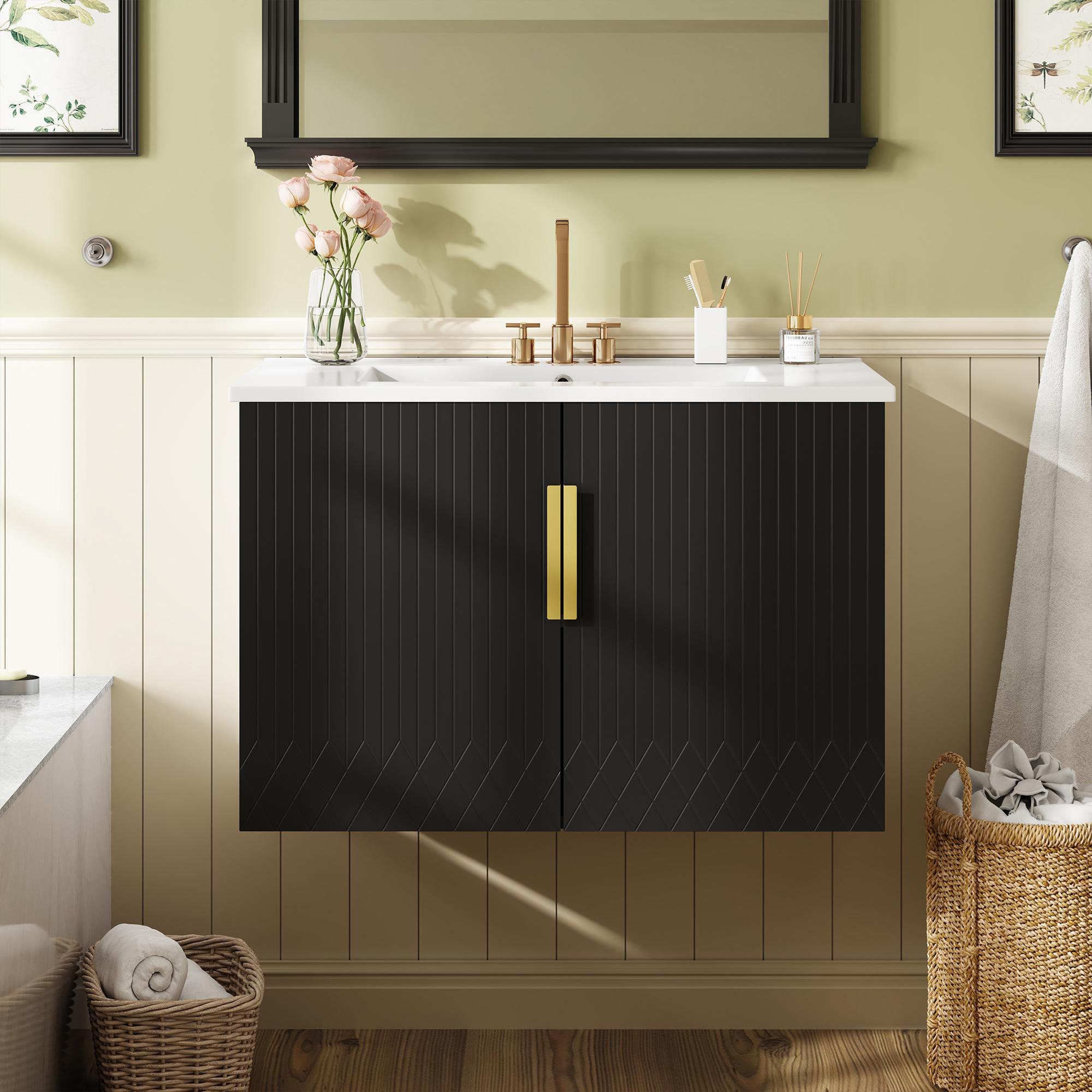 Ebern Designs 30" Vintage Bathroom Vanity with Ceramic Sink, with 3 ...