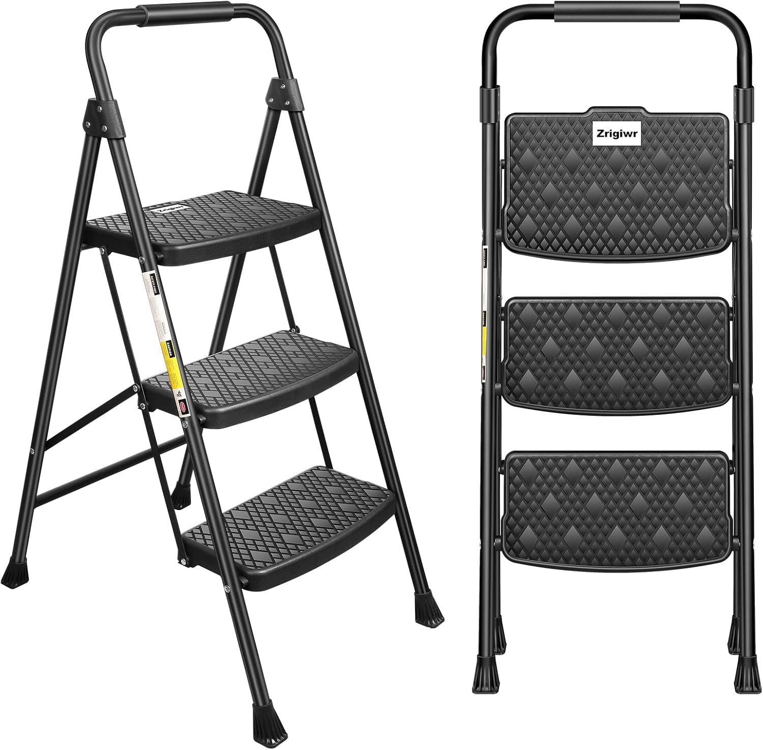 BY Family 3 Step Ladder With Handrail, Heavy Duty Steel Folding Step ...