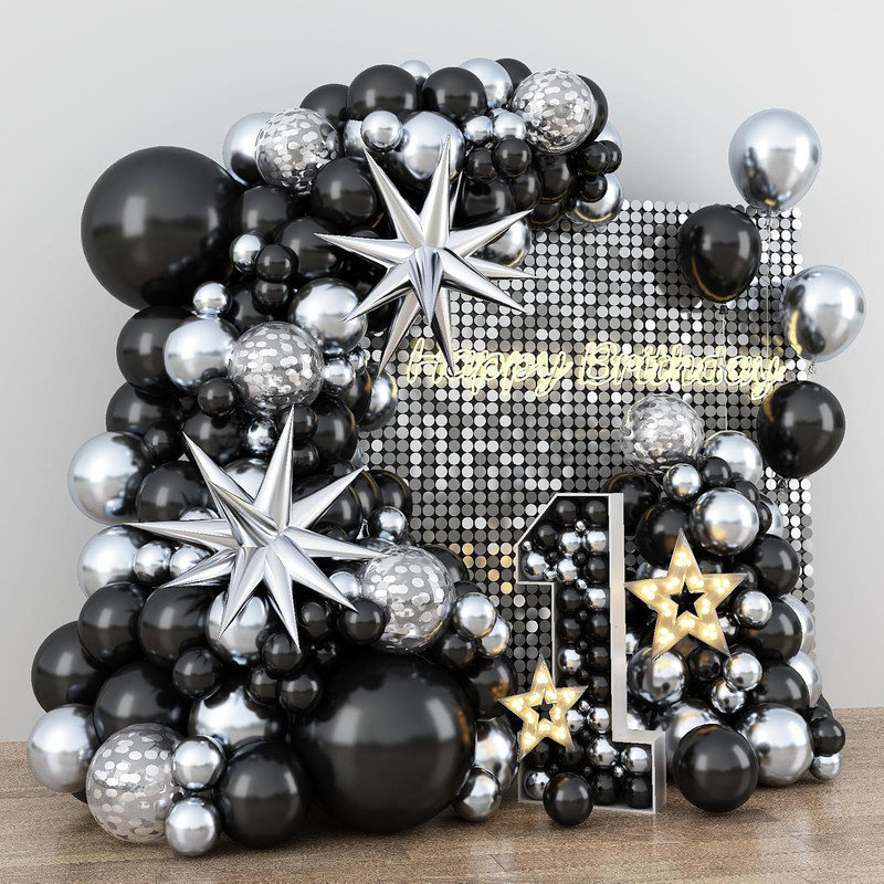 Fabhob Black and Silver Balloon Garland Arch Kit with 3pcs Star ...