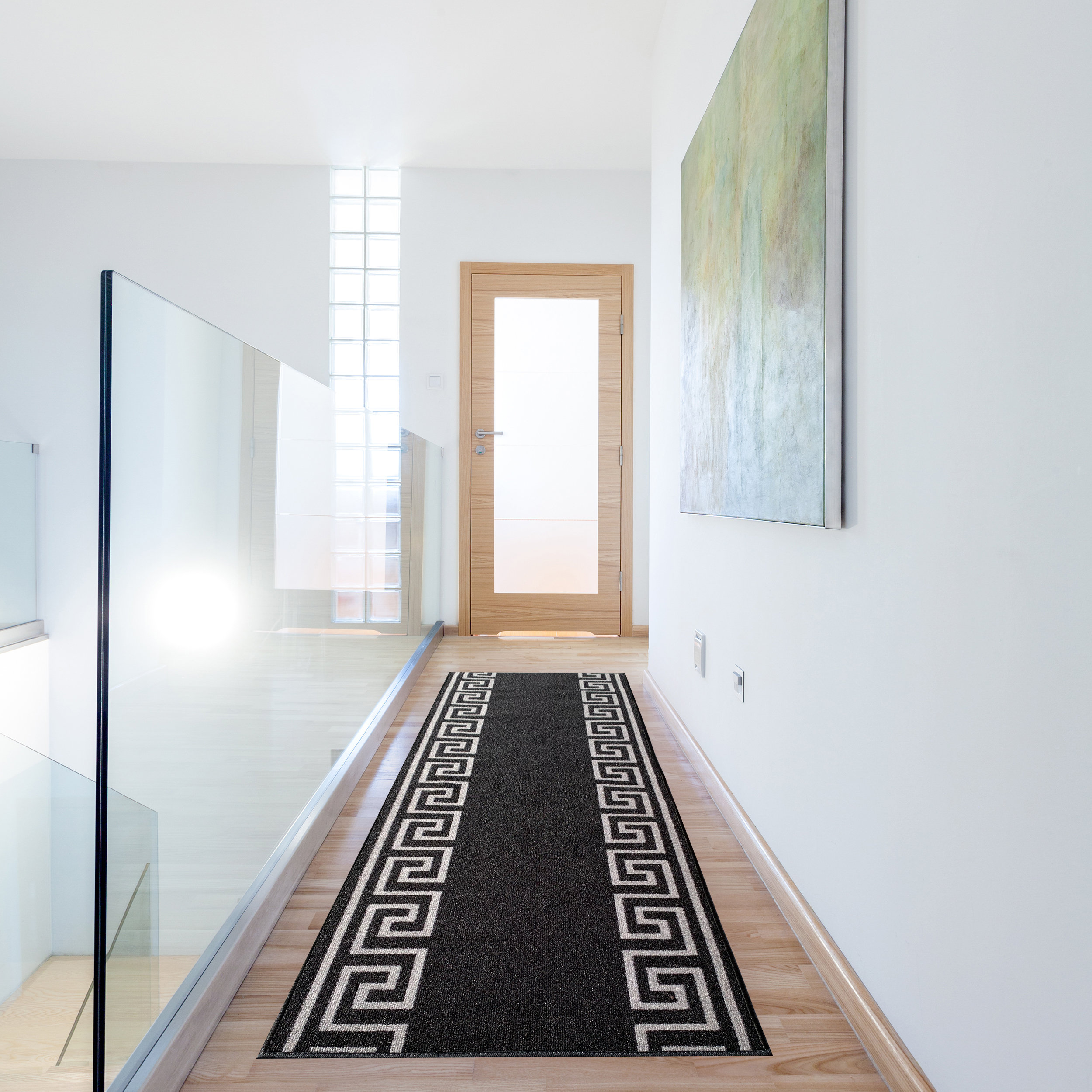 Everly Quinn Custom Runner Rug For Hallway Greek Key Design Black ...