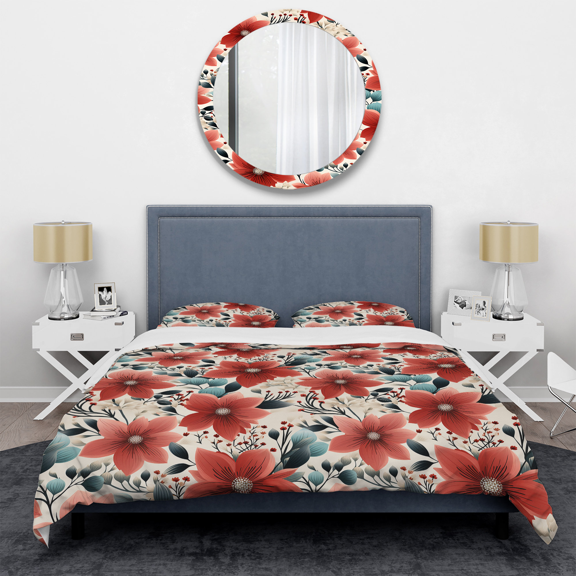 Design Art Vintage Romance Red Floral Bliss I - Floral Duvet Cover Set ...