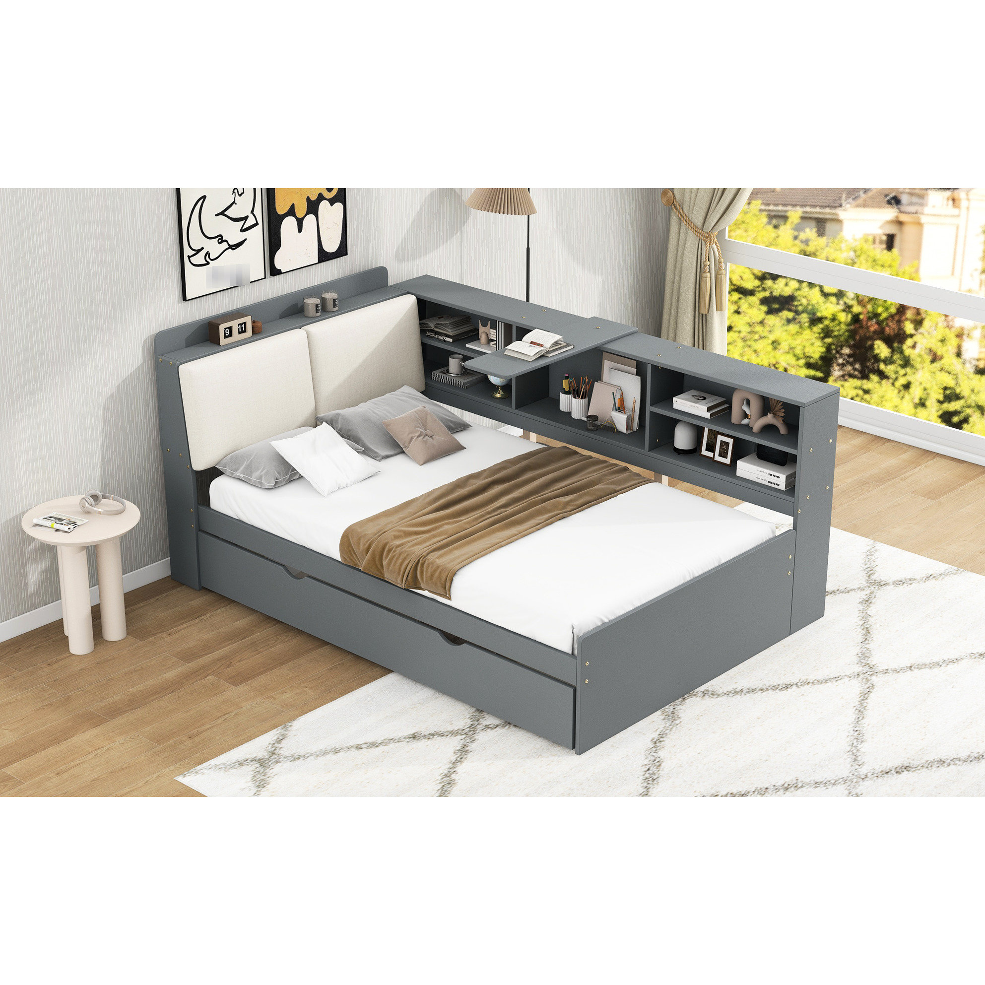 Latitude Run® Full Size Wood Bed With Trundle, Shelf Storage, And ...