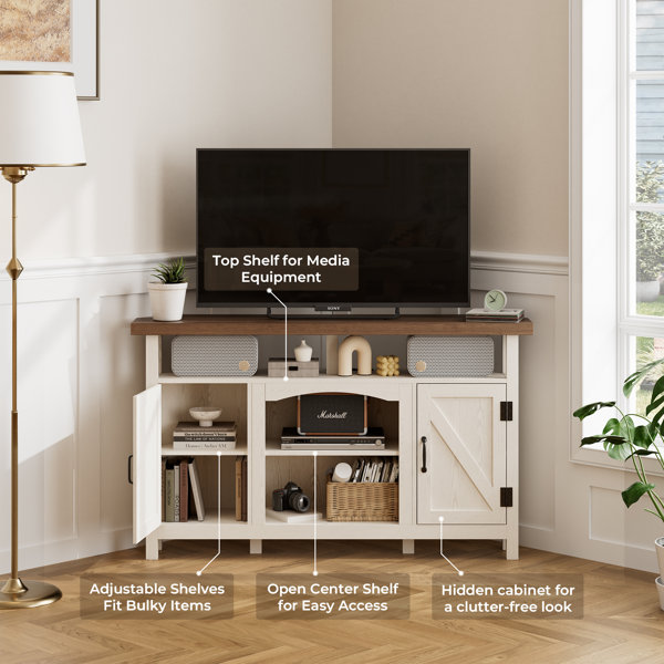 Gracie Oaks Nasho Farmhouse Corner TV Stand with USB Ports and Outlet ...