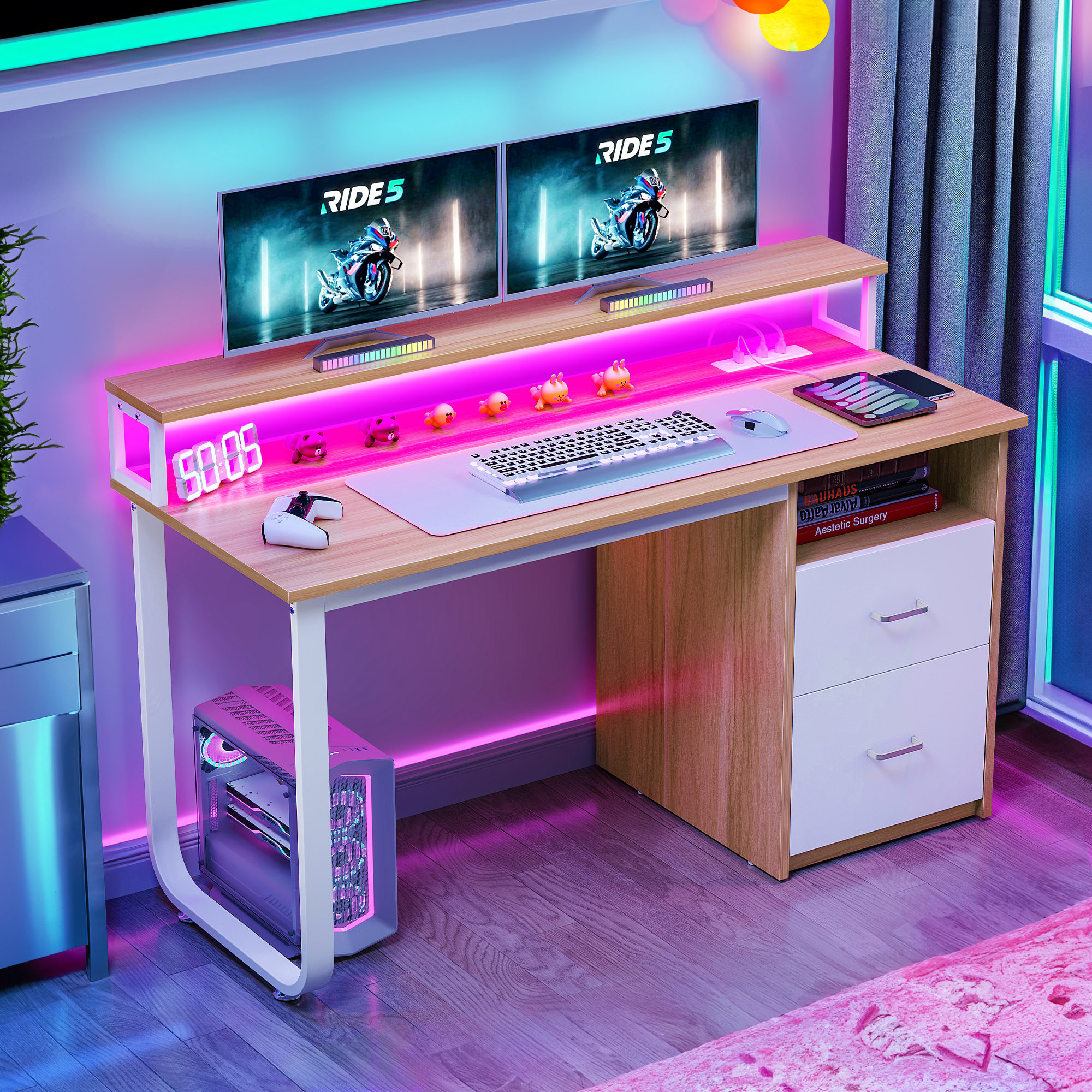 Wade Logan® Broddrick 47.2'' Writing Desk with Charging Station & LED ...