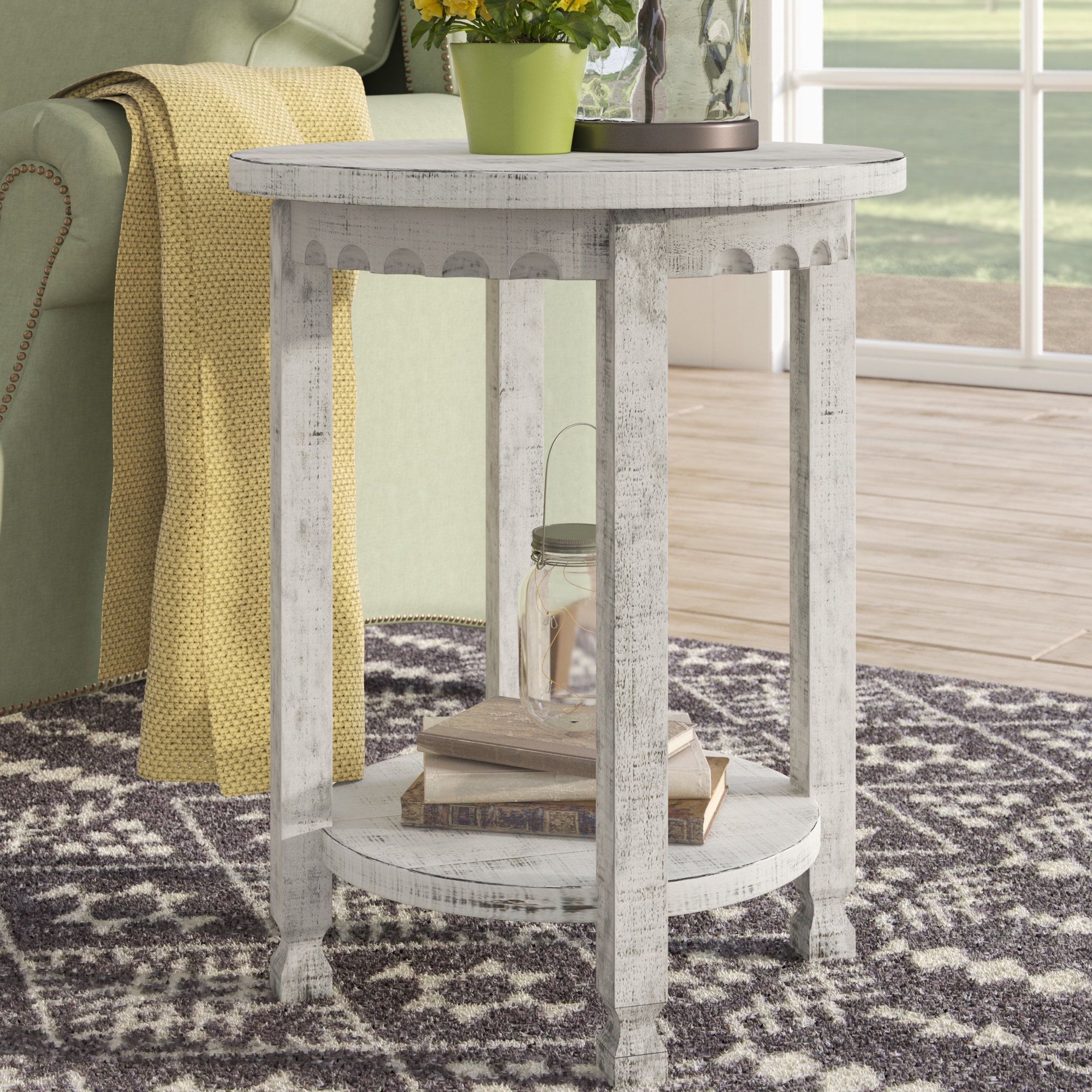 Beachcrest Home Brigid Rustic Cottage Round End Table w/ 1 Shelf, White ...
