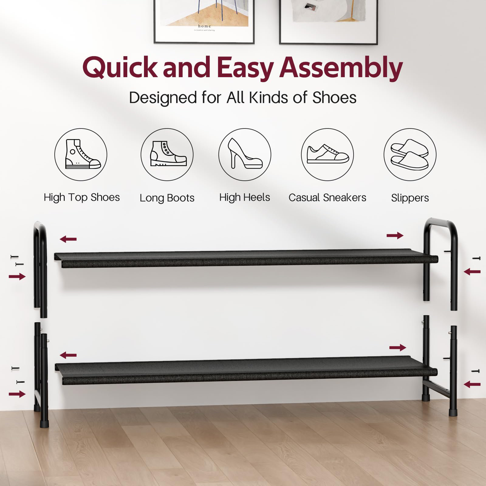 Rebrilliant Long 2-Tier Shoe Organizer For Closet, Stackable Wide Shoe ...