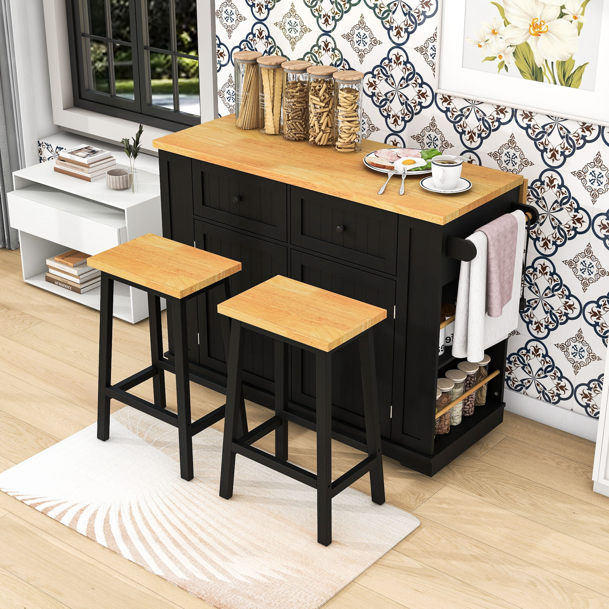 Lark Manor™ Kitchen Island with 2 Bar Stools, Power Outlet, Storage ...