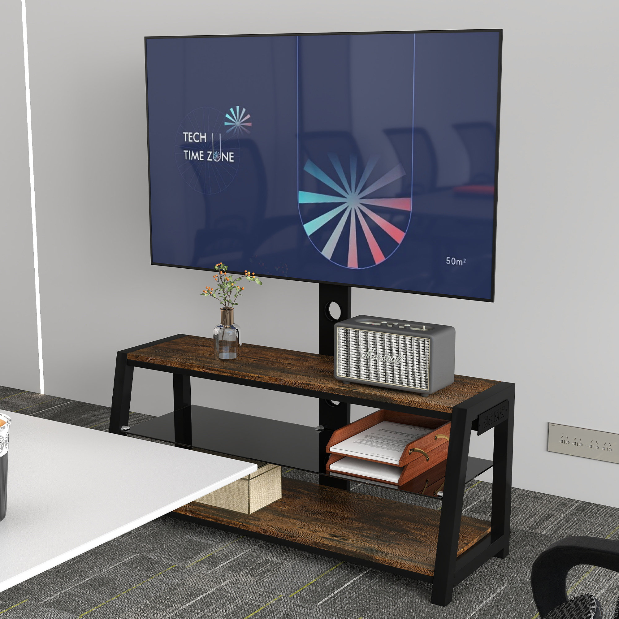 Symple Stuff Wooden Storage TV Stand Tempered Glass Height Adjustable ...