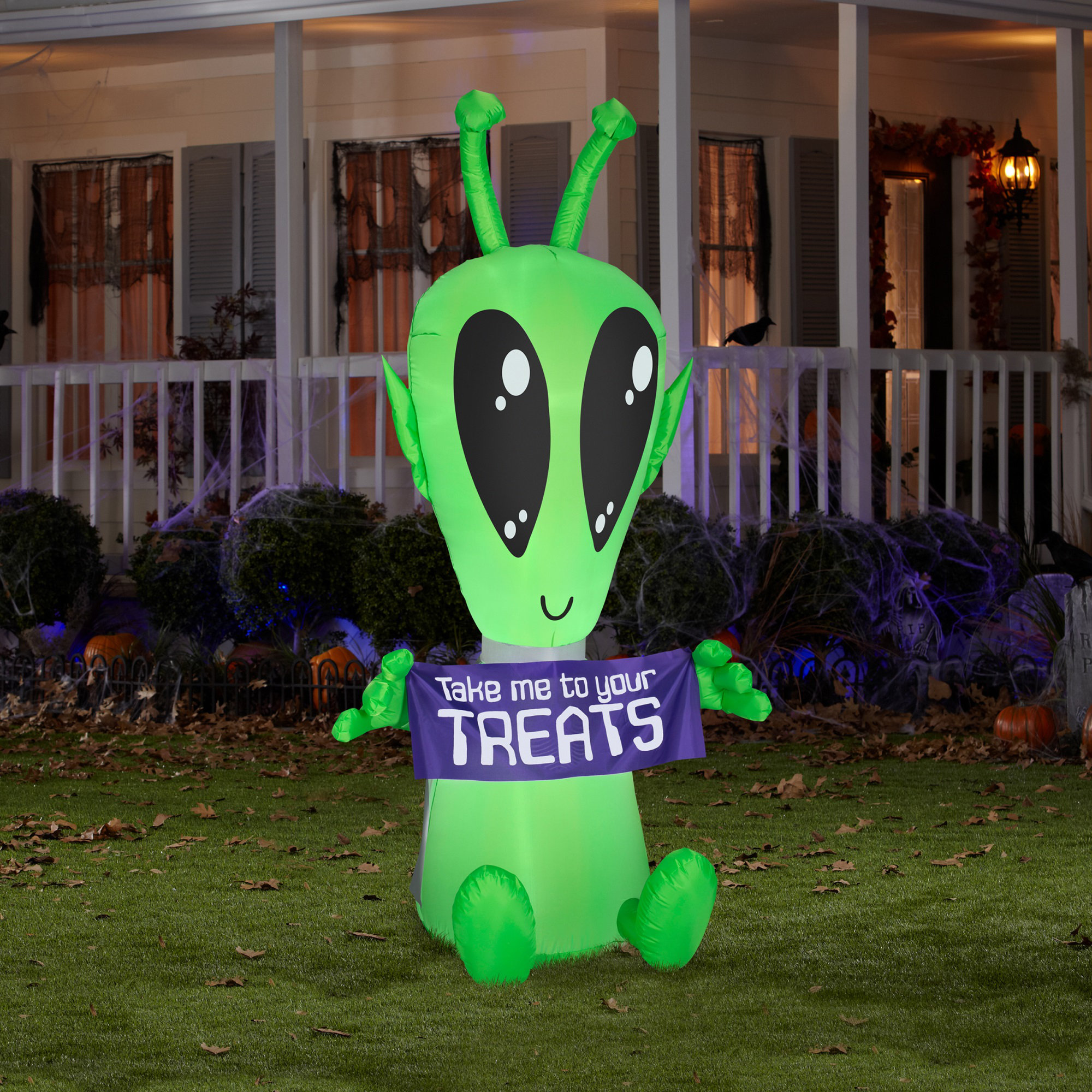 The Holiday Aisle® 84" Inflatable Halloween Alien with Sign | Wayfair
