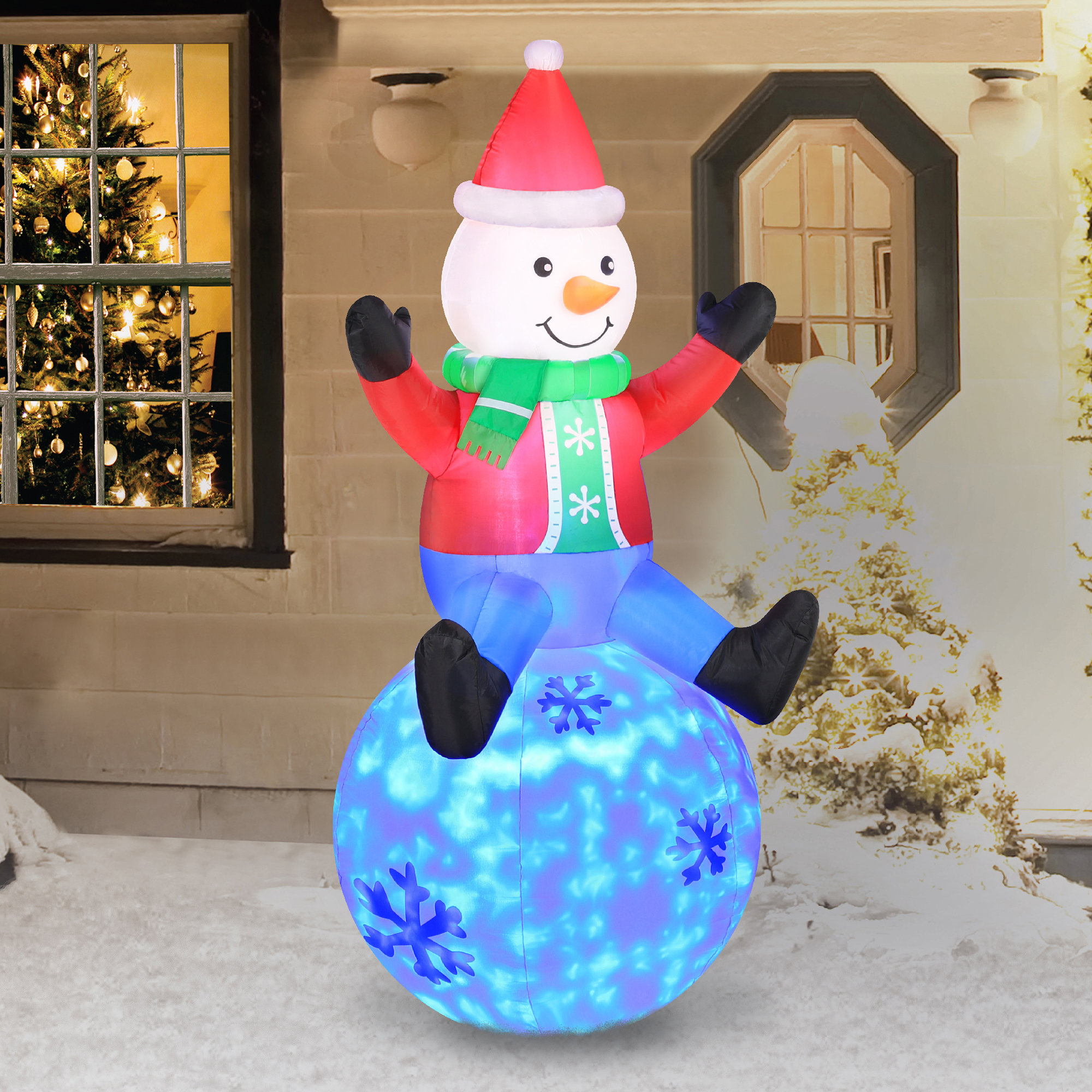 The Holiday Aisle® 5' INFLATABLE SNOWMAN ON SWIRLING LIGHTS SNOWBALL ...