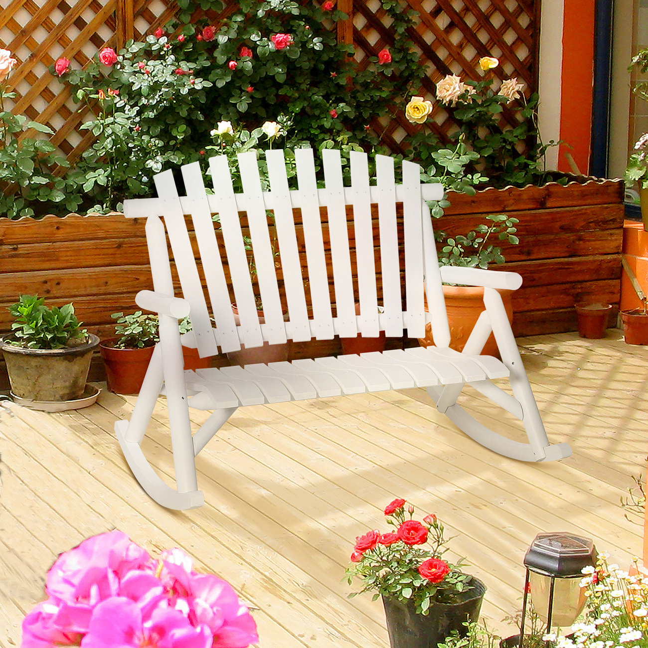 One Allium Way Outsunny Outdoor Wooden Rocking Chair, Double-Person ...