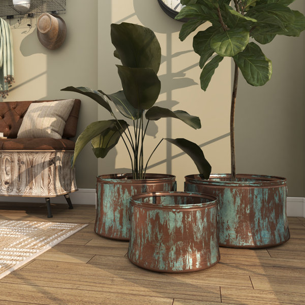 Union Rustic Helfer 3 Piece Metal Copper Indoor Outdoor Planter with ...