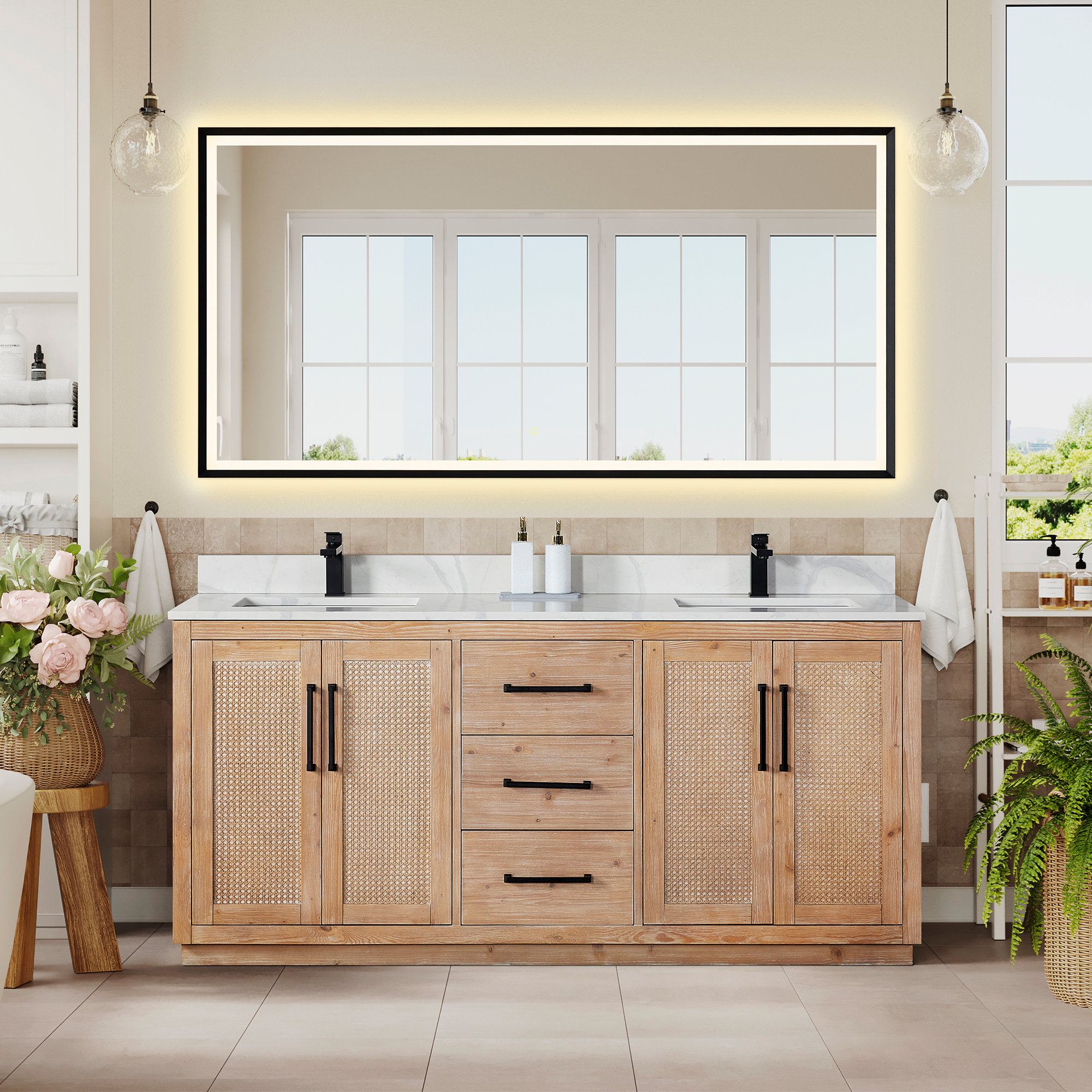 Bayou Breeze Deach 72" Double Bathroom Vanity with Calacatta White ...