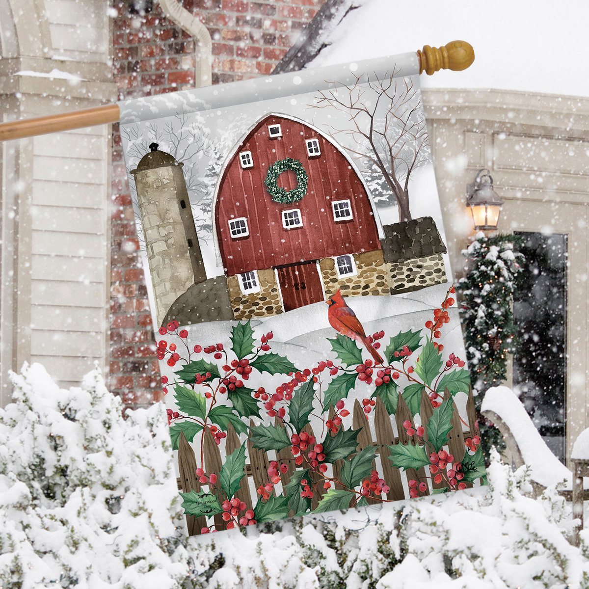 August Grove® Barn In Snow House Flag | Wayfair
