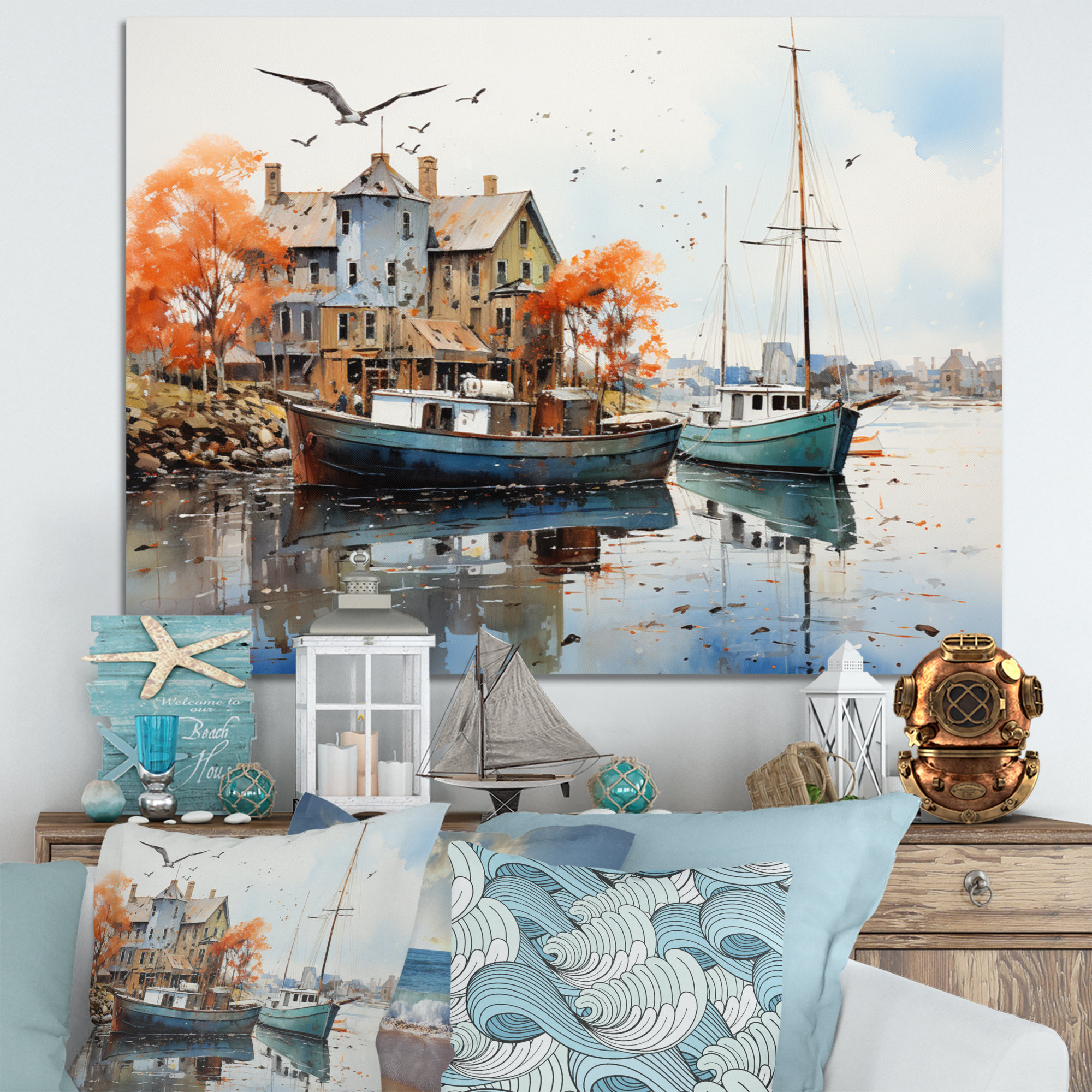 Longshore Tides Port Portside Reflection Pointillism II - Nautical ...