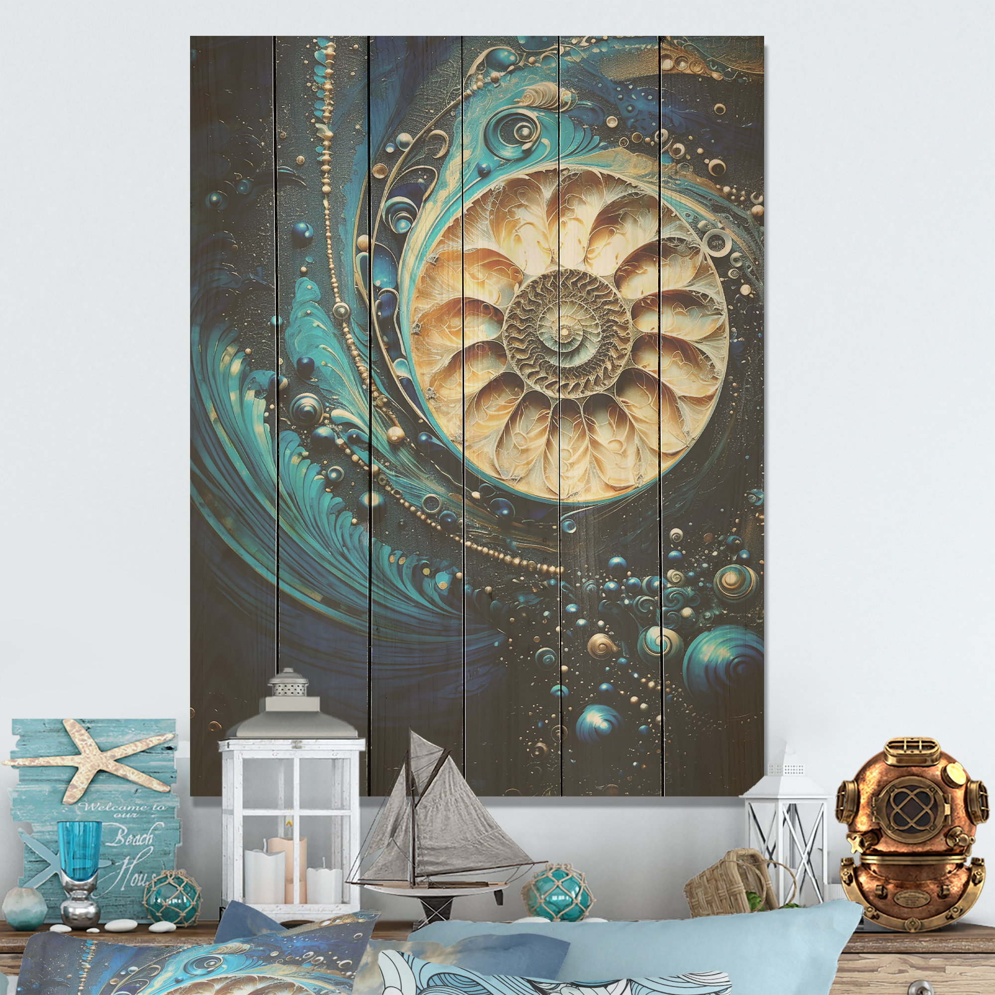 Ivy Bronx Nautilus Sapphire Shellfish I - Nautilus Wood Art On Natural ...