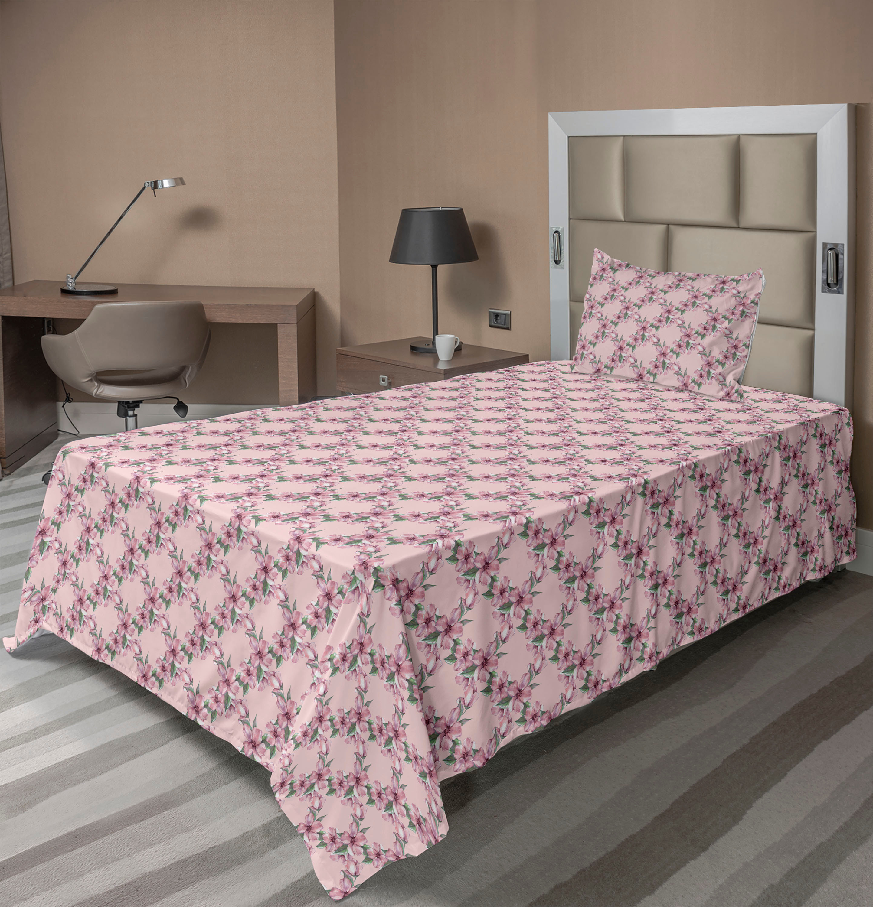Ambesonne Floral Sheet Set Flowers Grid of Squares Rose Pale Pink and ...