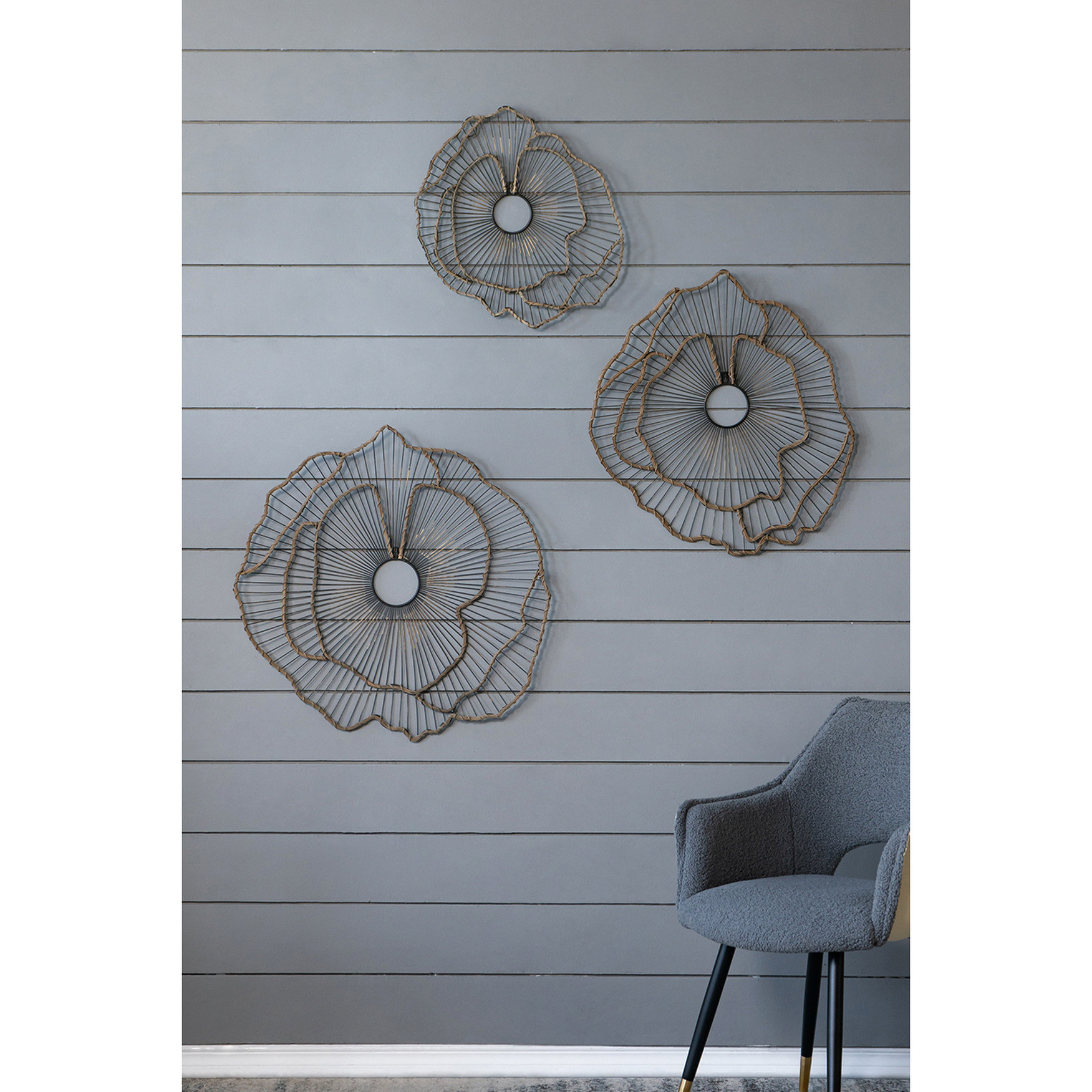 Everly Quinn Of 3 Metal Flowers Wall Hanging, Golden Transitional For ...