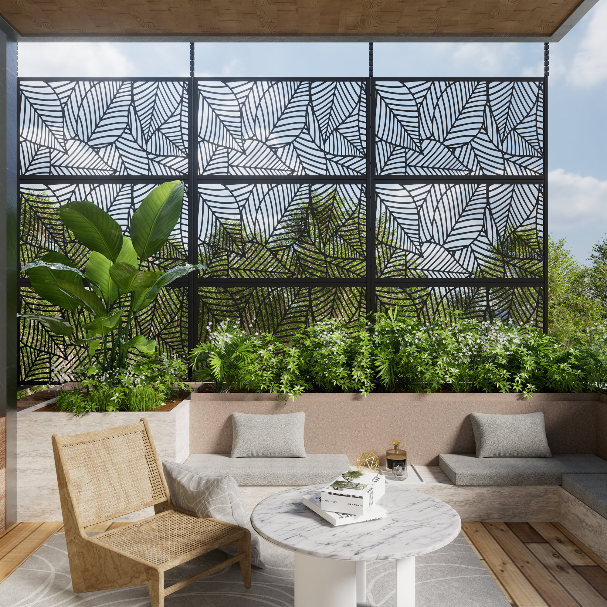 Dovelina 72" H x 47" W Metal Privacy Screen Fence Panel Blade Pattern ...