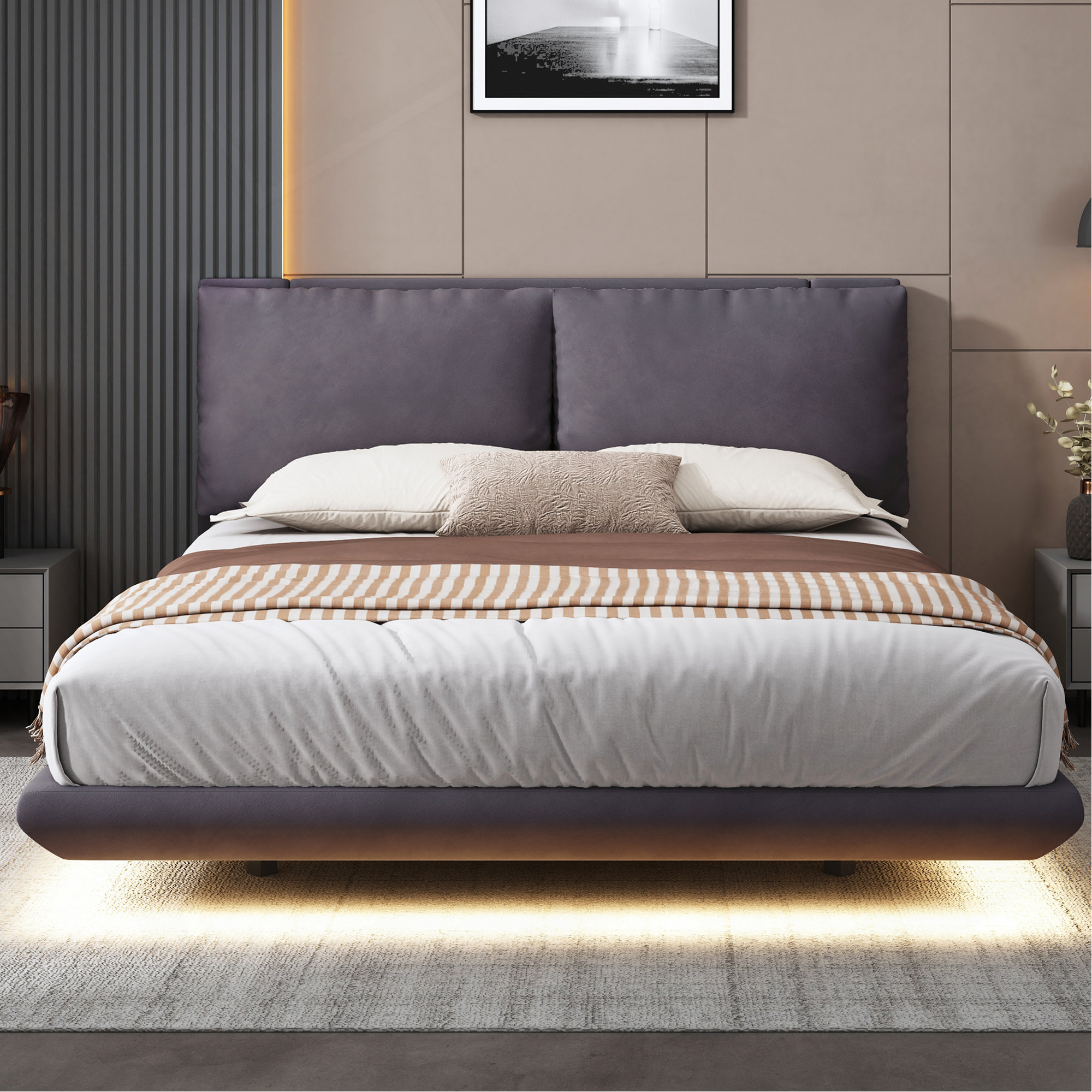 Ivy Bronx Queen Size Upholstered Platform Bed With Sensor Light And 2 ...