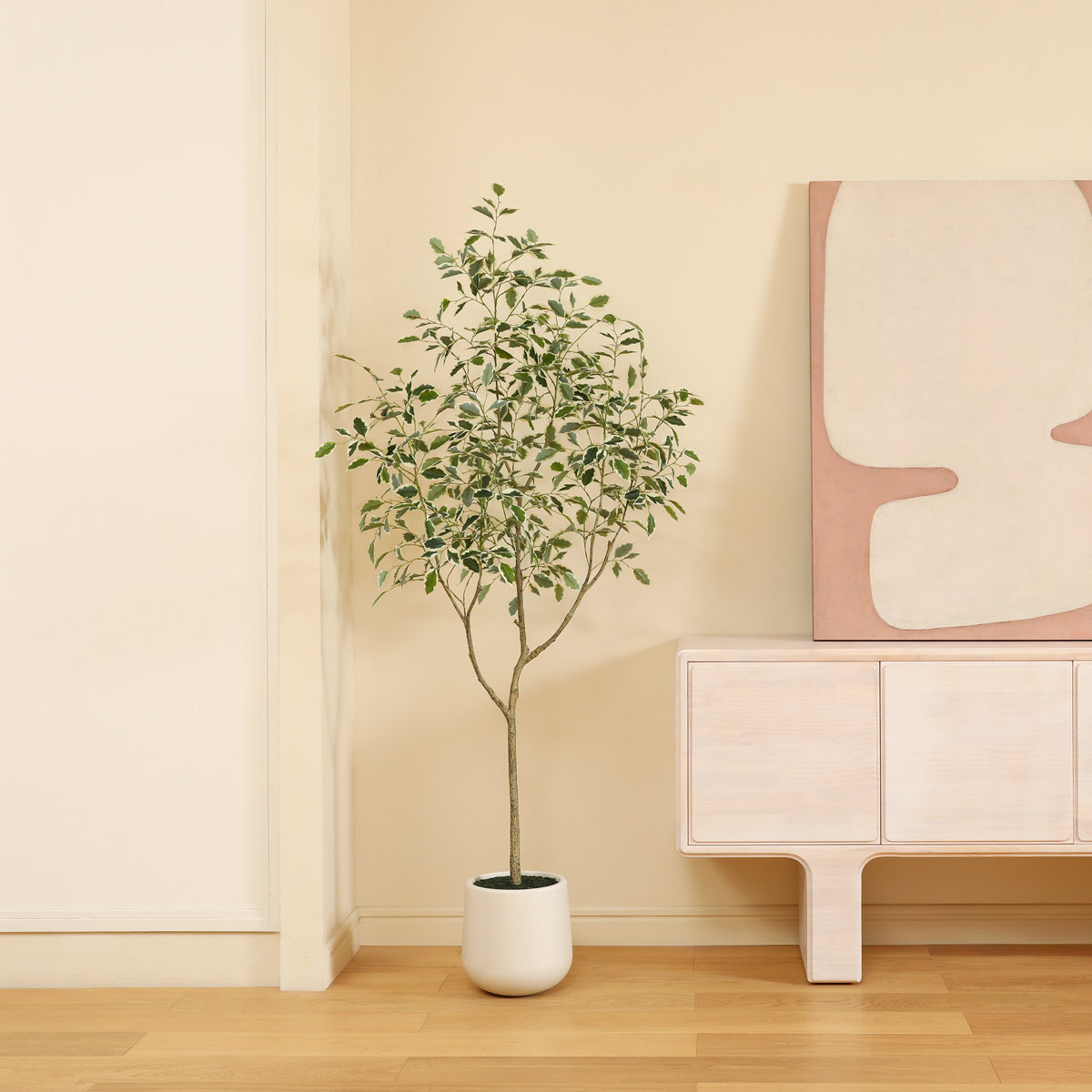 Primrue Adcock Faux Ficus Tree with Oval White Planter, Pre Potted Faux ...