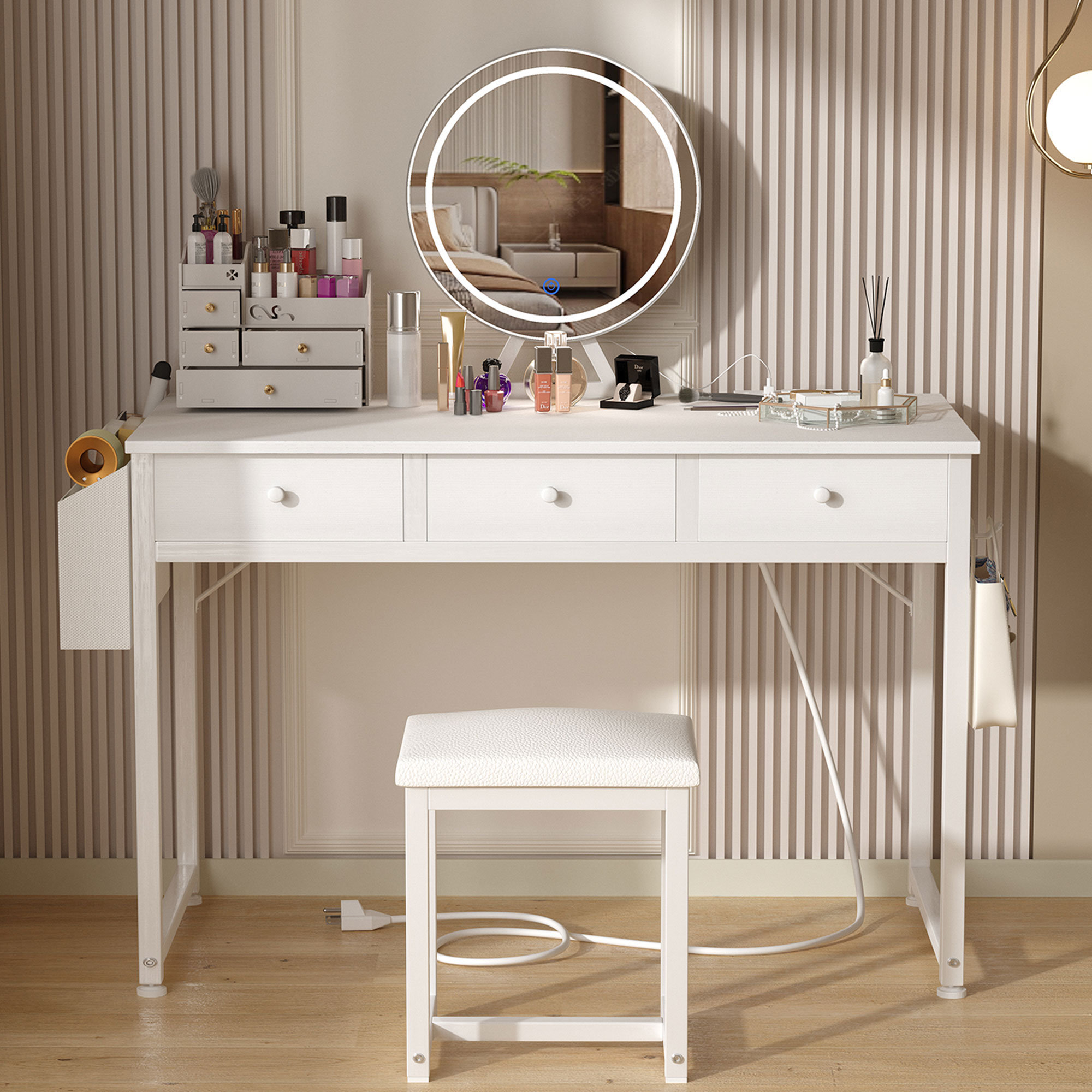 Ebern Designs Makeup Table Vanity Set With Lighted Mirror & Bench ...