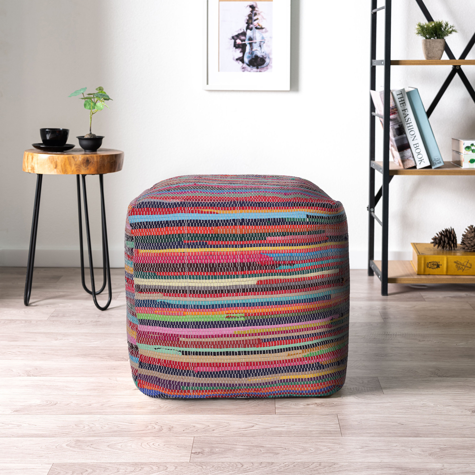 Evette Rios Andros Multicolor Striped Square Upholstered Ottoman Pouf ...