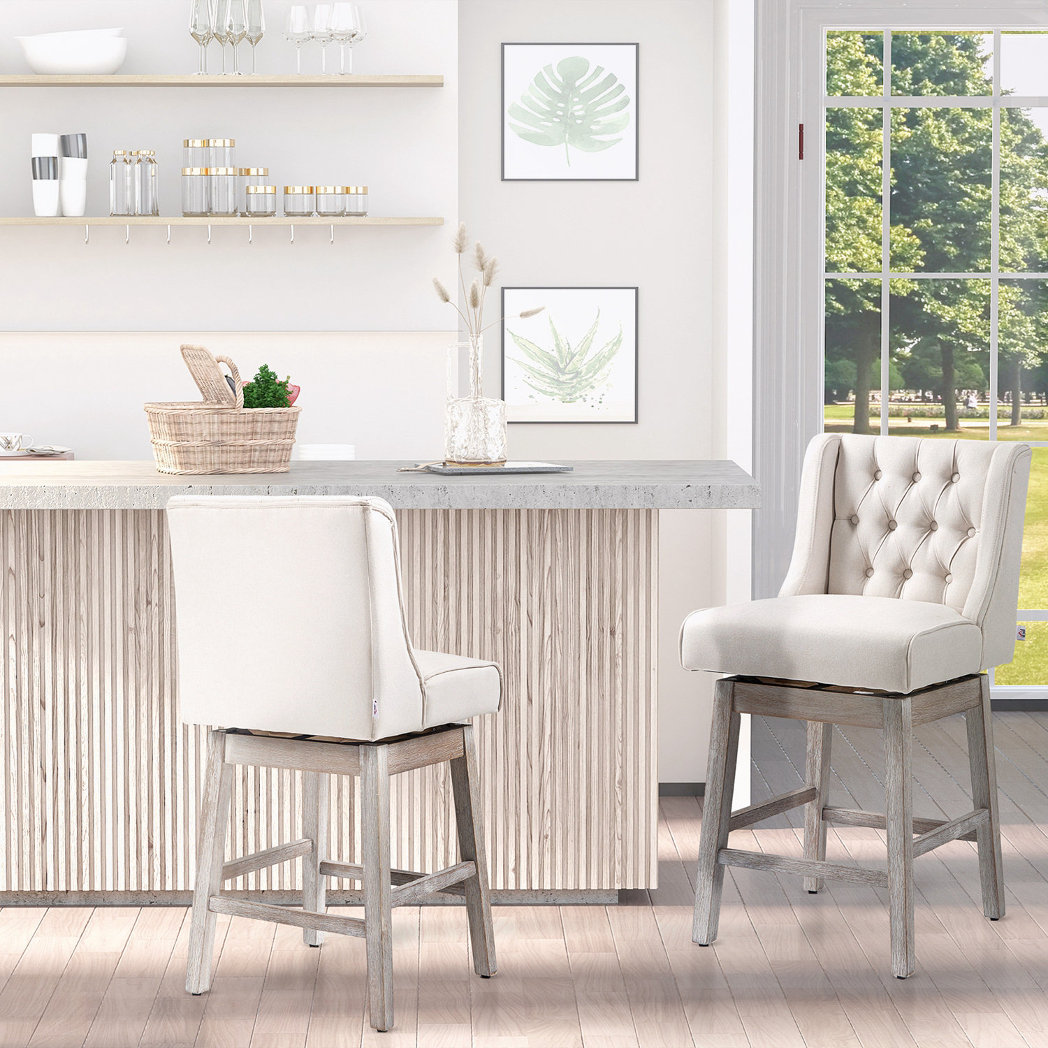 Wildon Home® Swivel Bar Stools Set of 2 with Wood Footrests and Button ...