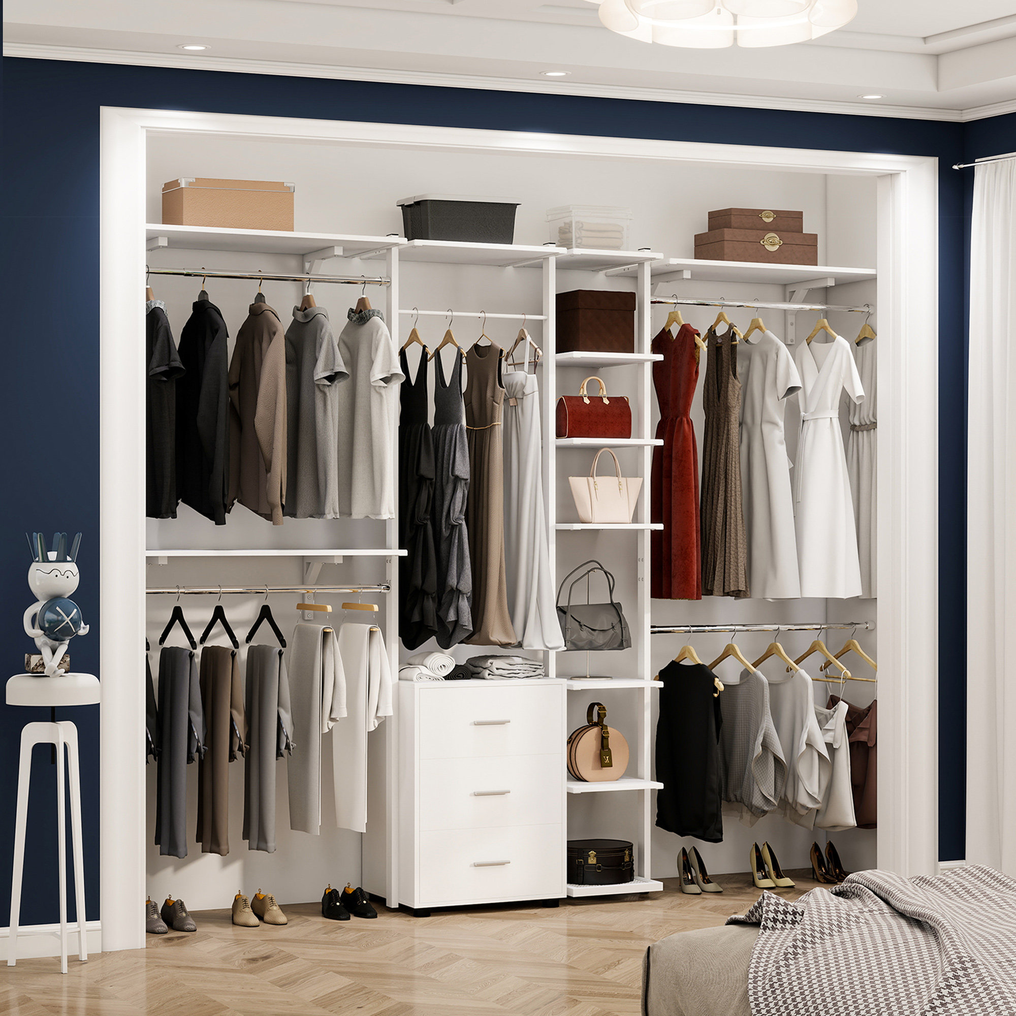 Aheaplus 96'' Closet System with 5 Hanging Rods and 3 Wood Drawers ...