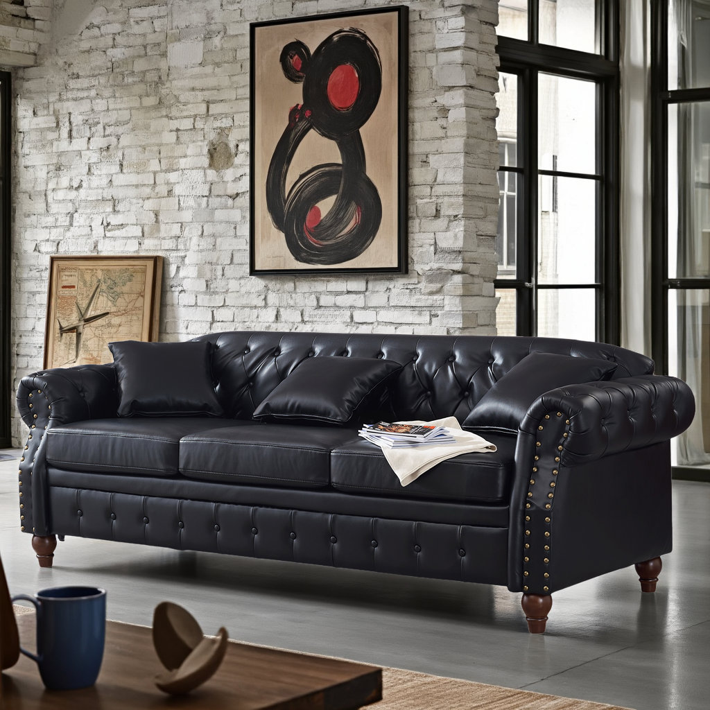 World Menagerie 85.8'' Chesterfield Sofa Faux Leather Upholstered 3 ...