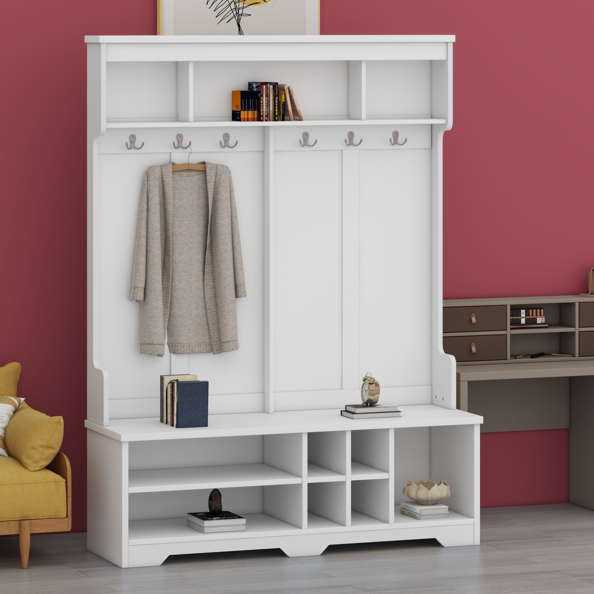 Winston Porter Modern Hallway Hall Tree With Metal Hooks And Storage ...
