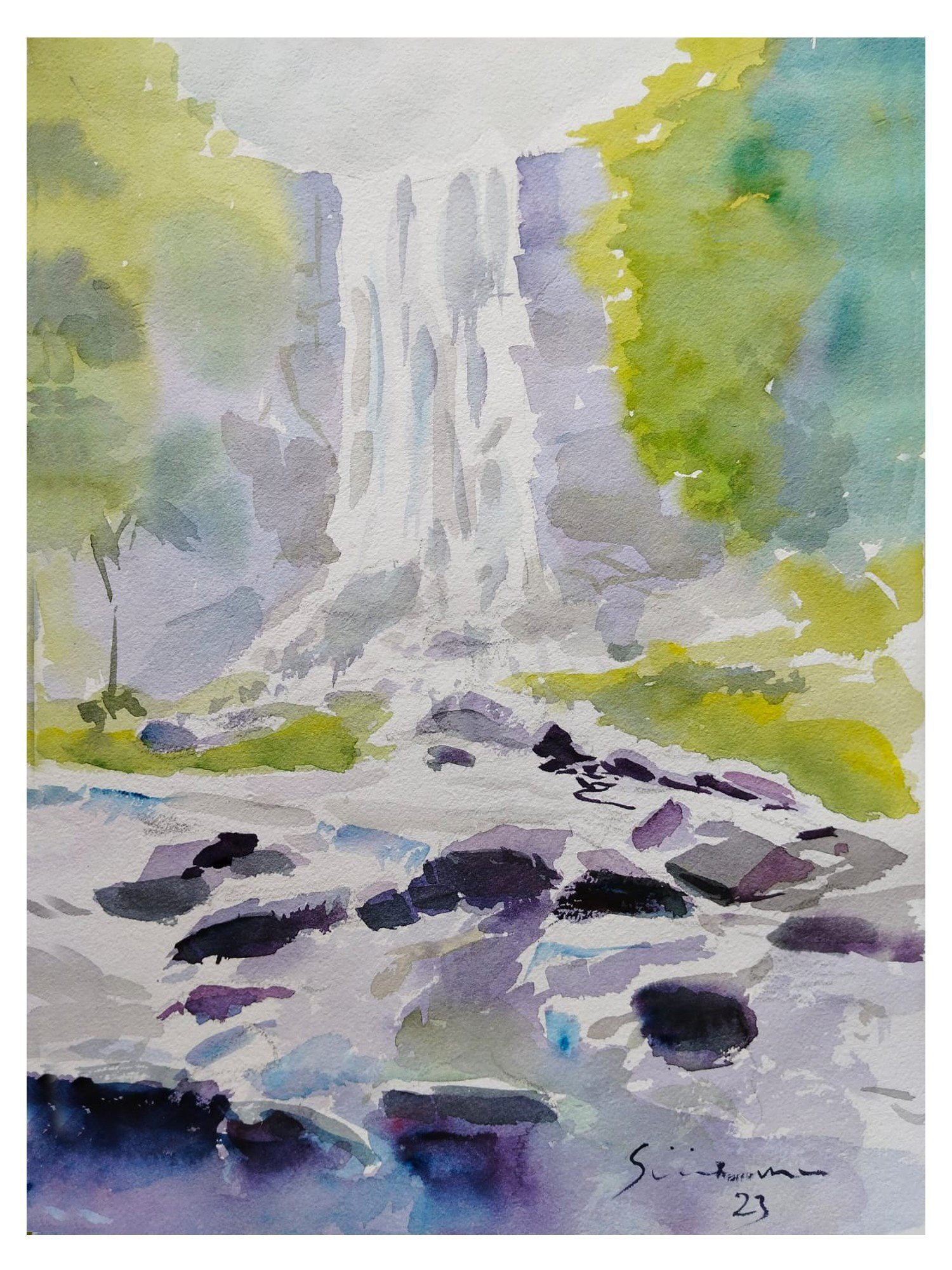 Millwood Pines Natural Waterfall Landscape | Watercolor On Paper | By ...