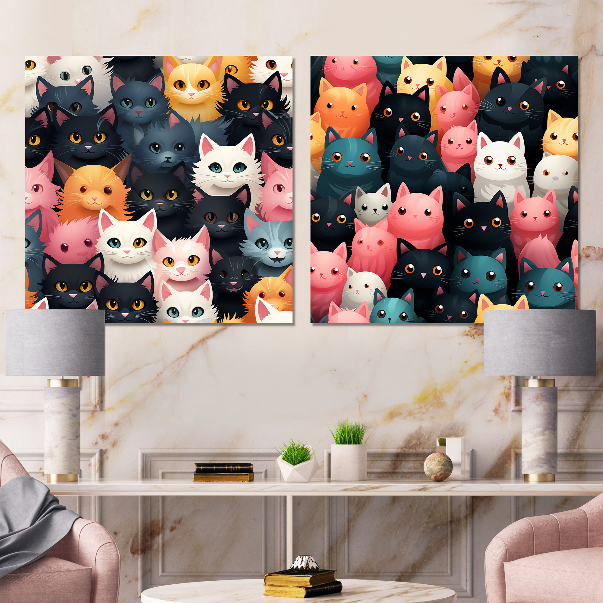 Bungalow Rose Pink And Blue Cat Pattern For Kids - Cats Wall Decor Set ...