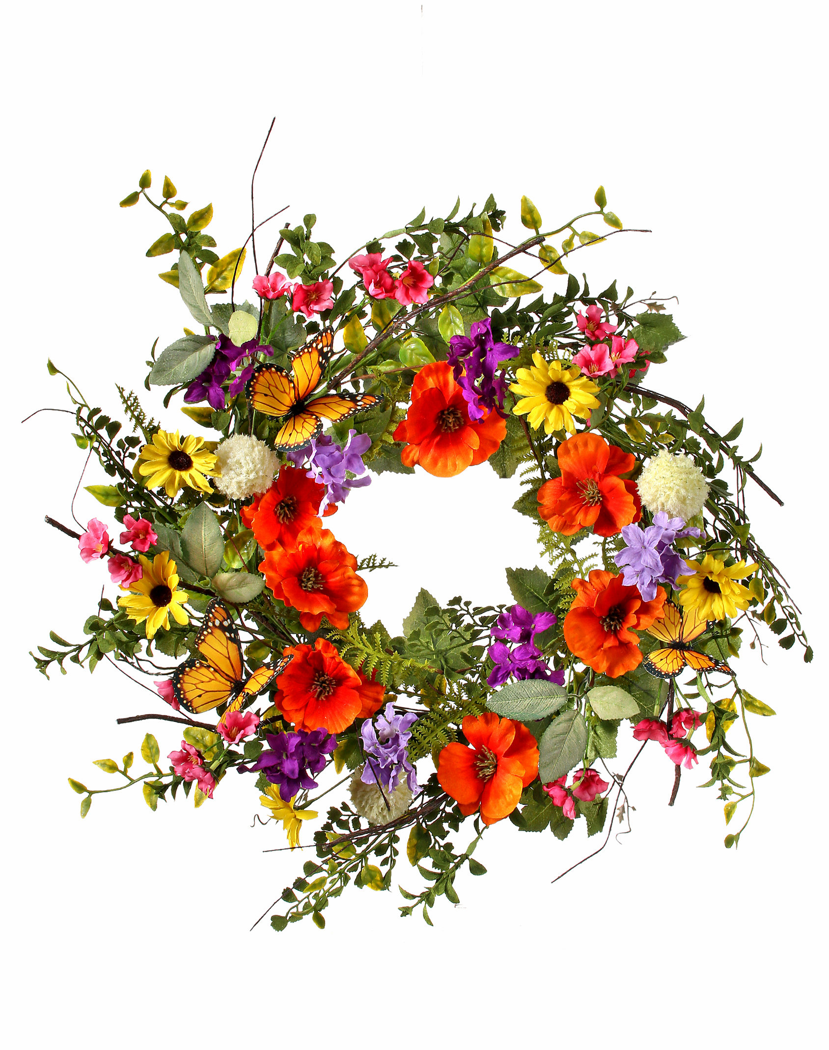 August Grove® Summer Garden Flowers with Monarch Butterflies 22" Wreath ...
