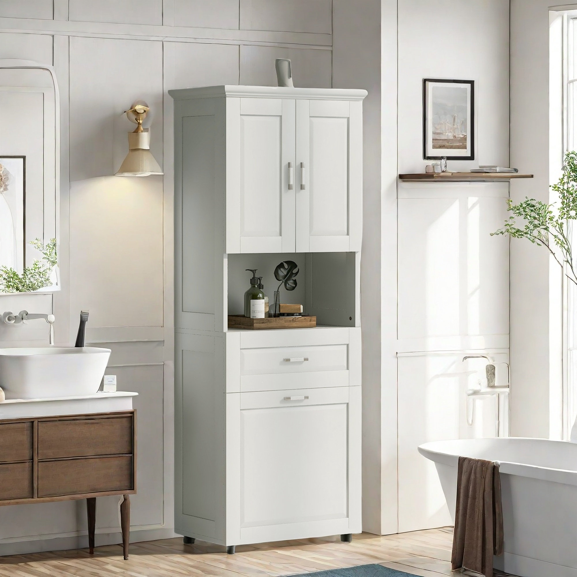 Red Barrel Studio® Kehara Tall Bathroom Cabinet with Laundry Basket And ...